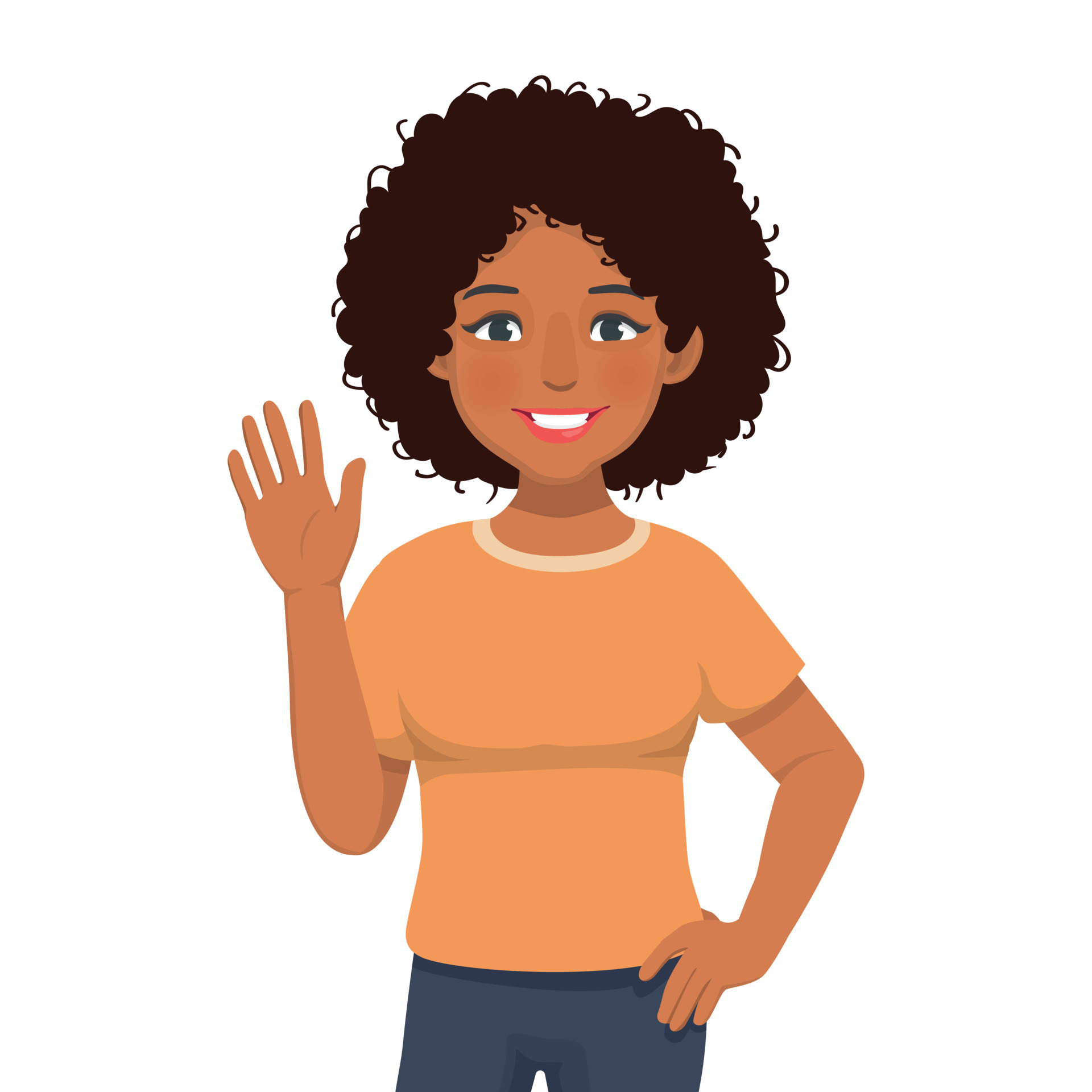 Happy Young African Woman With Hand On Waist Waving Hand And Say Hello