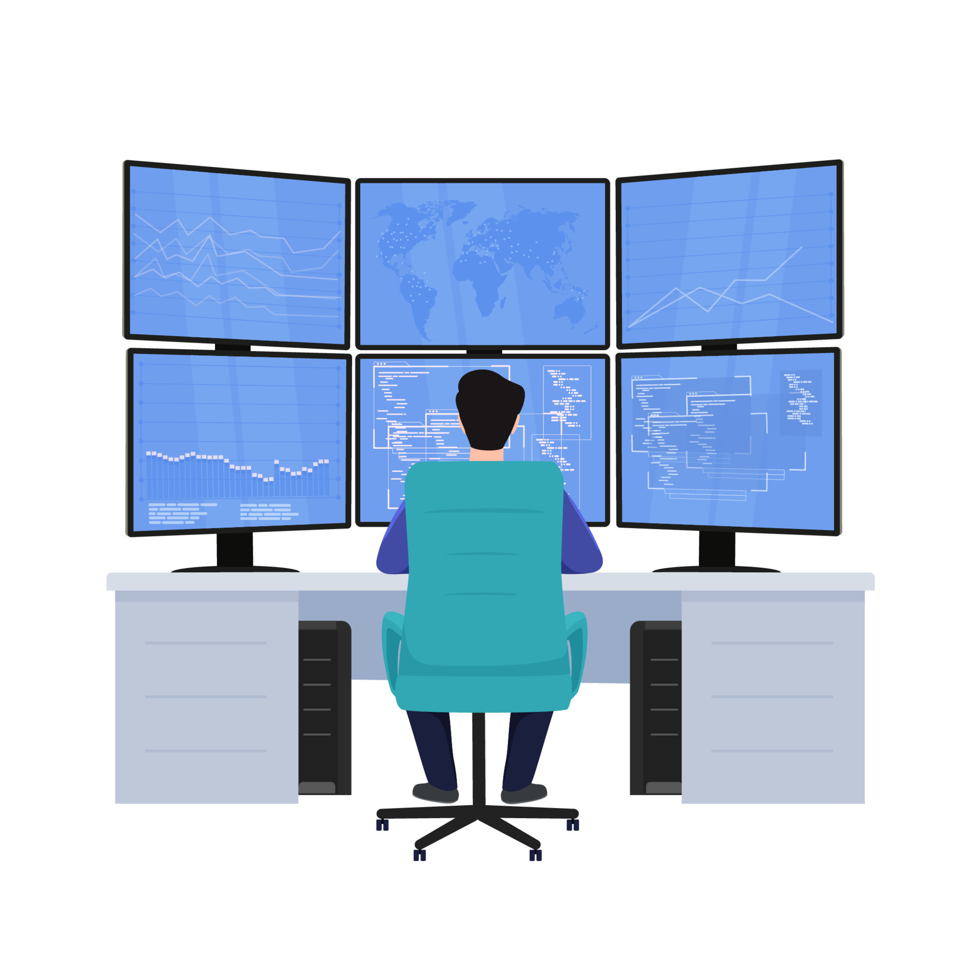A Man Sits At A Computer View From The Back Work At The Monitors Analytical Activities Cyber