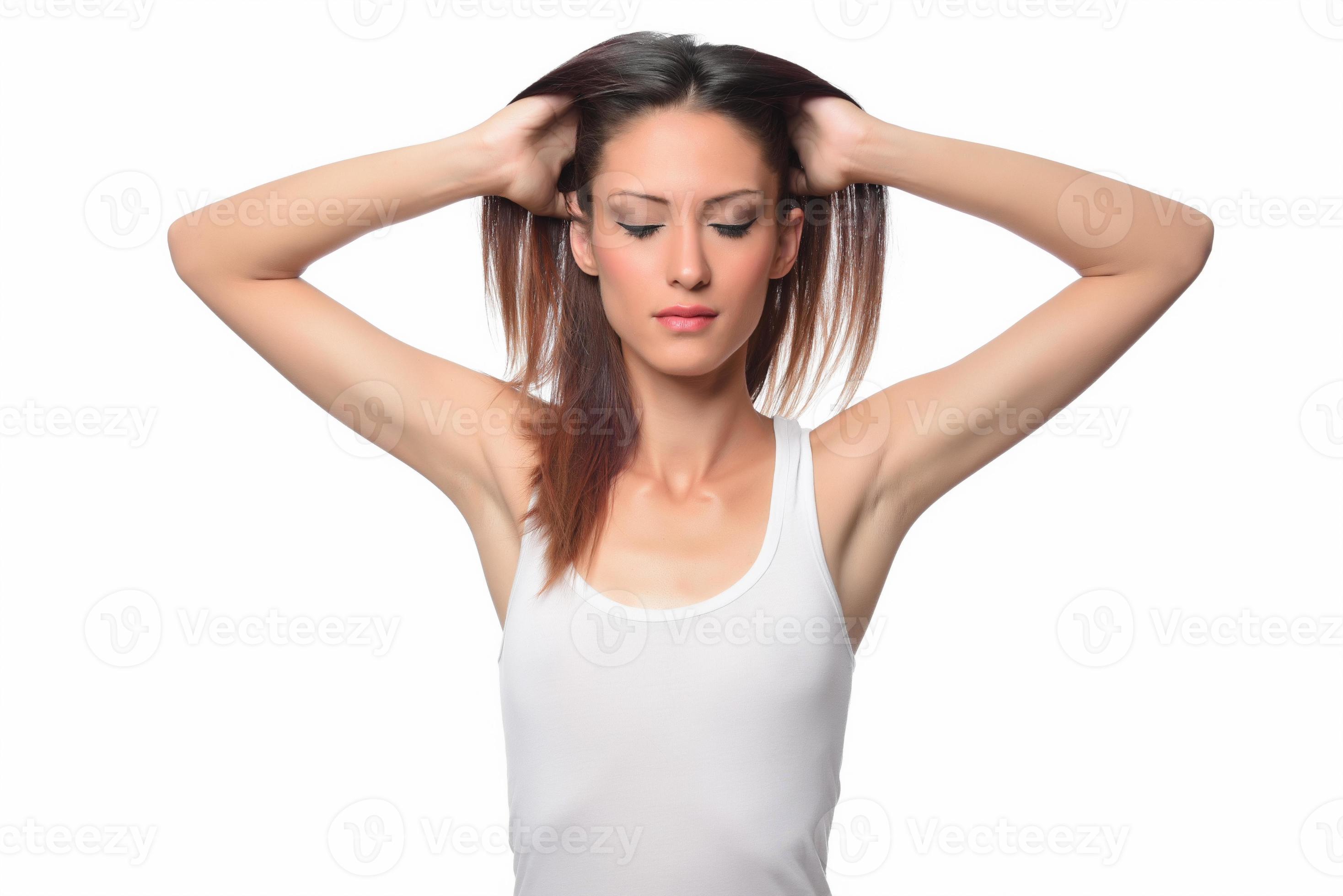 Sad tired young woman touching forehead having headache migraine or ...