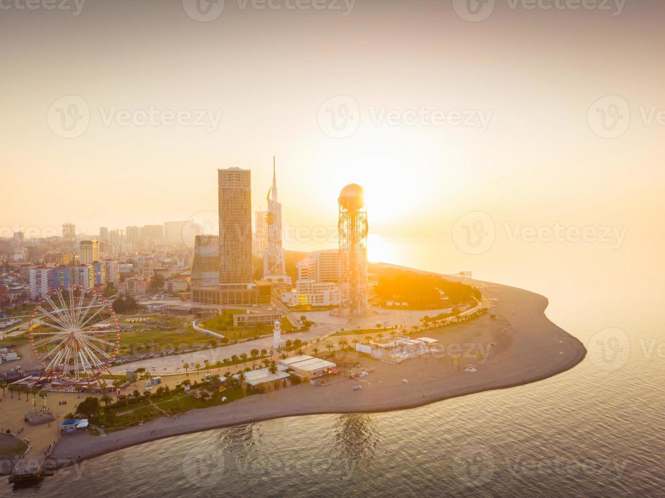 Dramatic evening in Batumi from aerial perspective with beautiful architecture buildings in ...