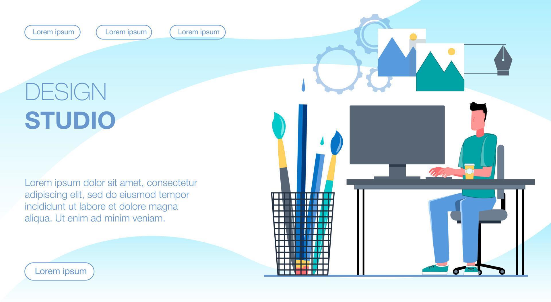 The designer works at the computer in the design studio 17169348 Vector ...