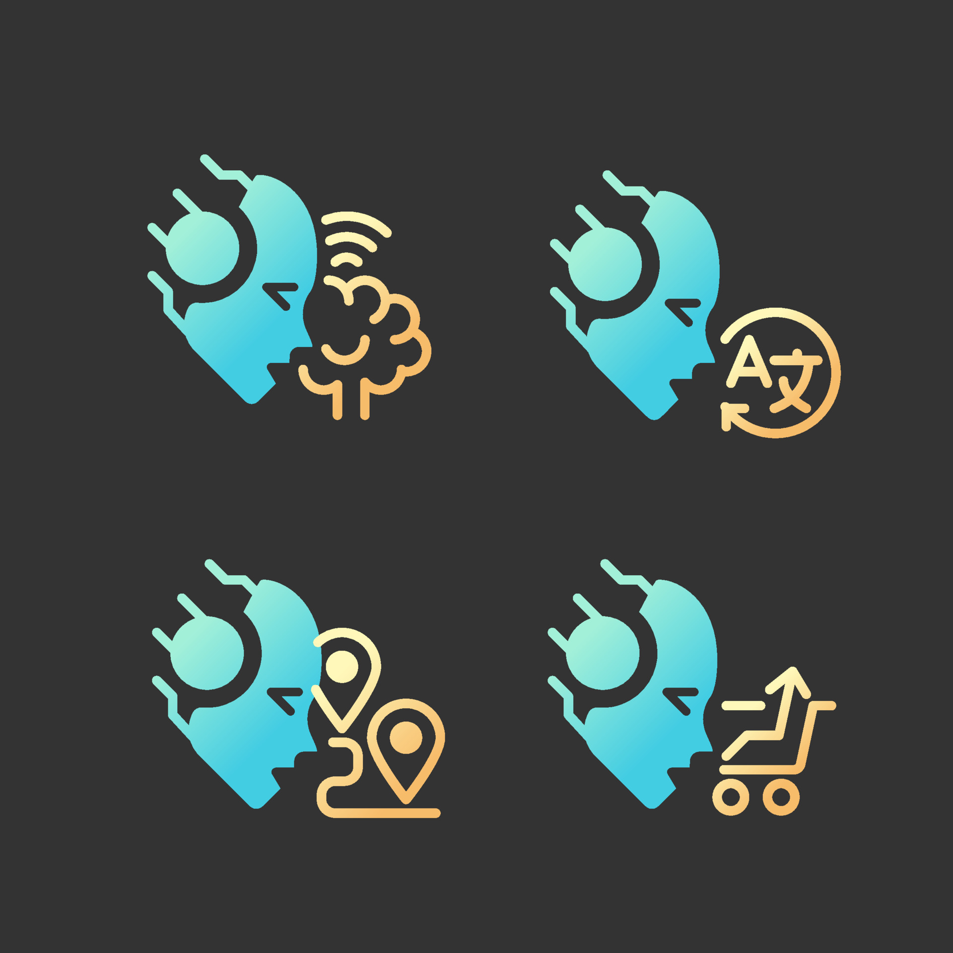 Machine Learning Usage Gradient Glyph Icons Set With Lineart For Dark Theme Artificial