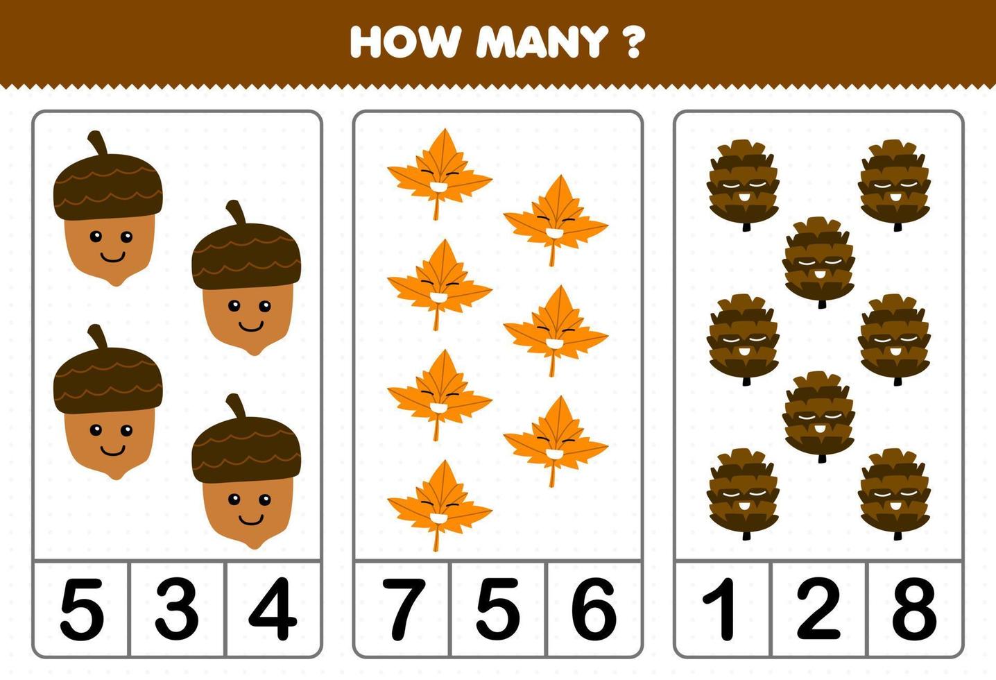 Education game for children counting how many cute cartoon acorn maple ...