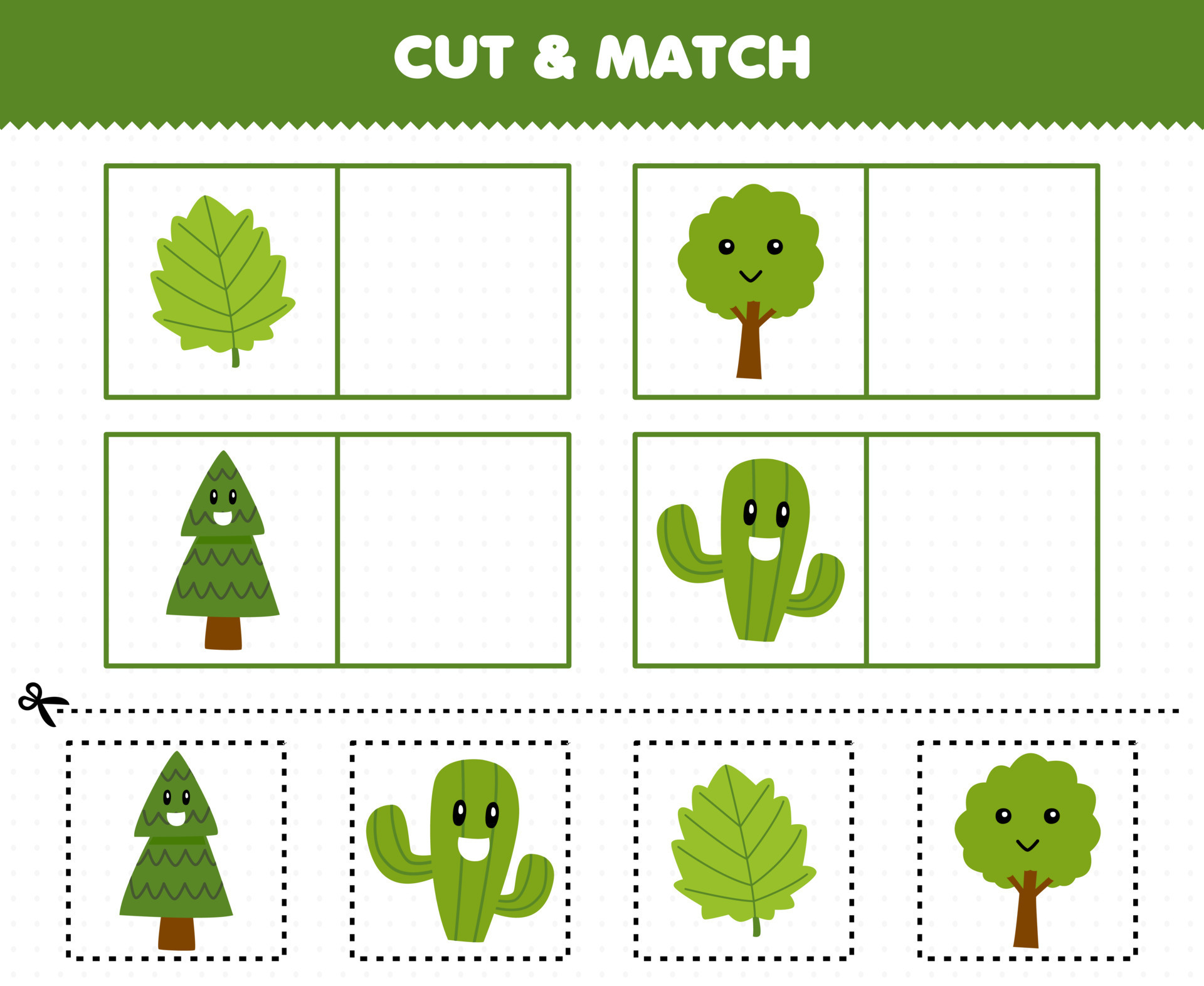 Education game for children cut and match the same picture of cute cartoon tree printable nature ...
