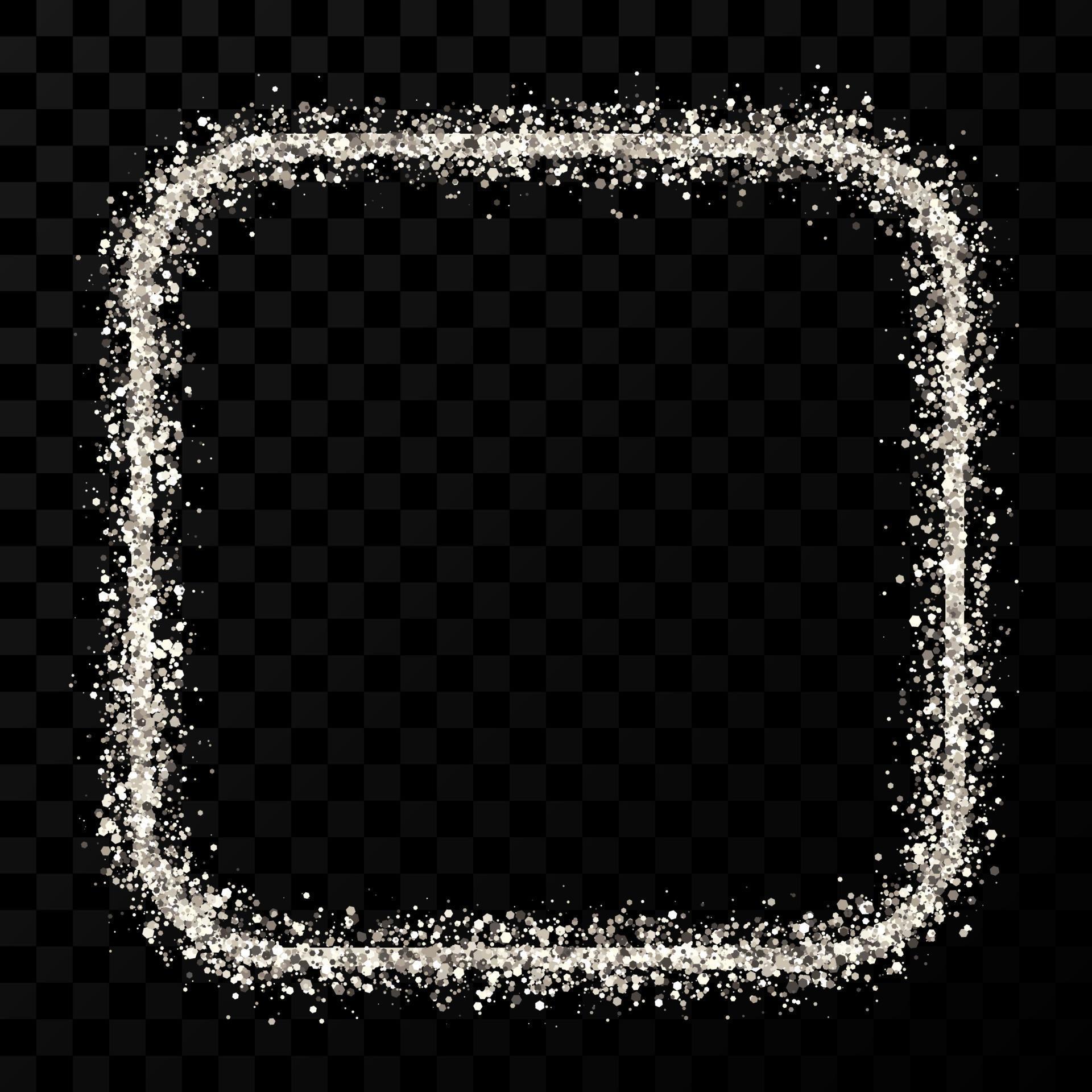Silver glitter frame. Square with rounded corners frame with shiny sparkles on dark transparent ...