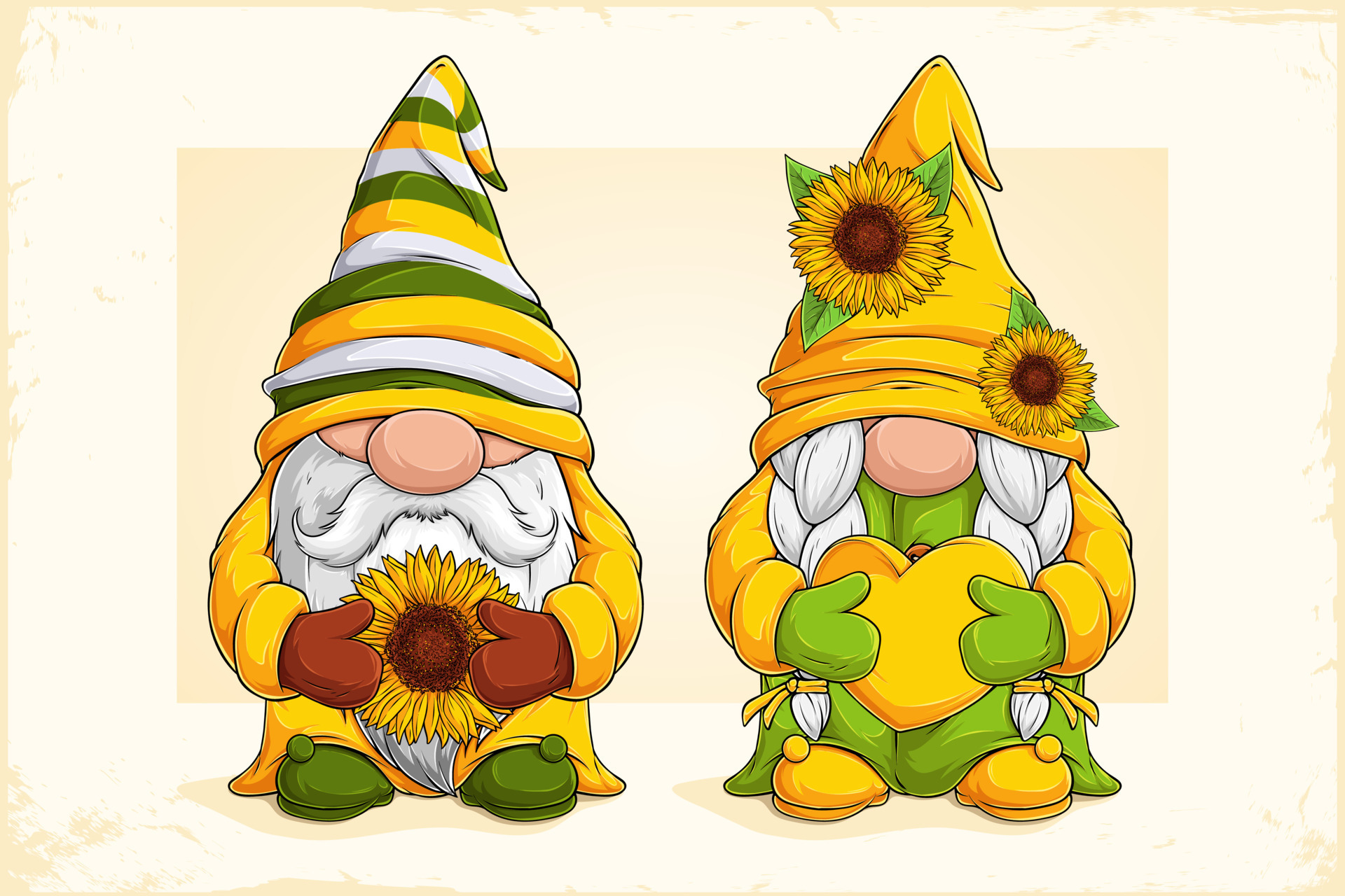 Hand drawn cute sunflower gnomes holding a yellow heart and big ...