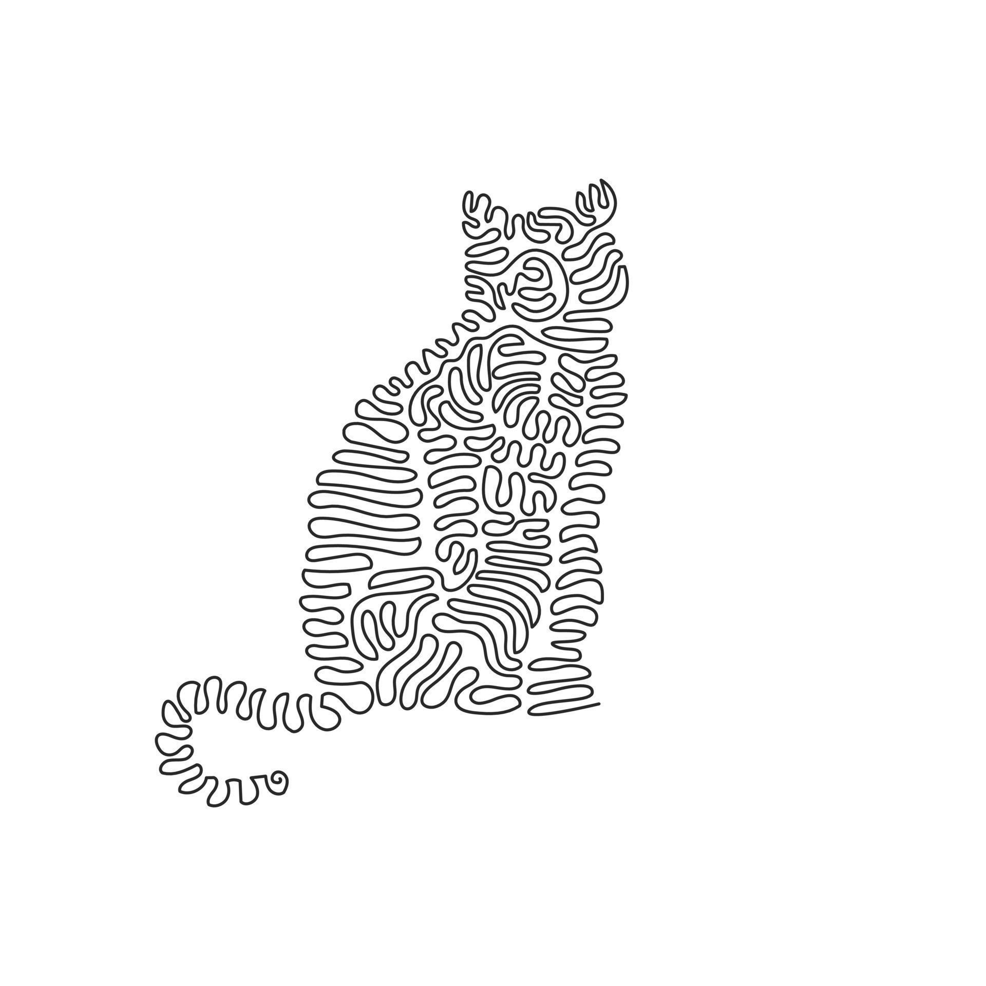 Single Curly One Line Drawing Of Cute Cat Sitting Abstract Art