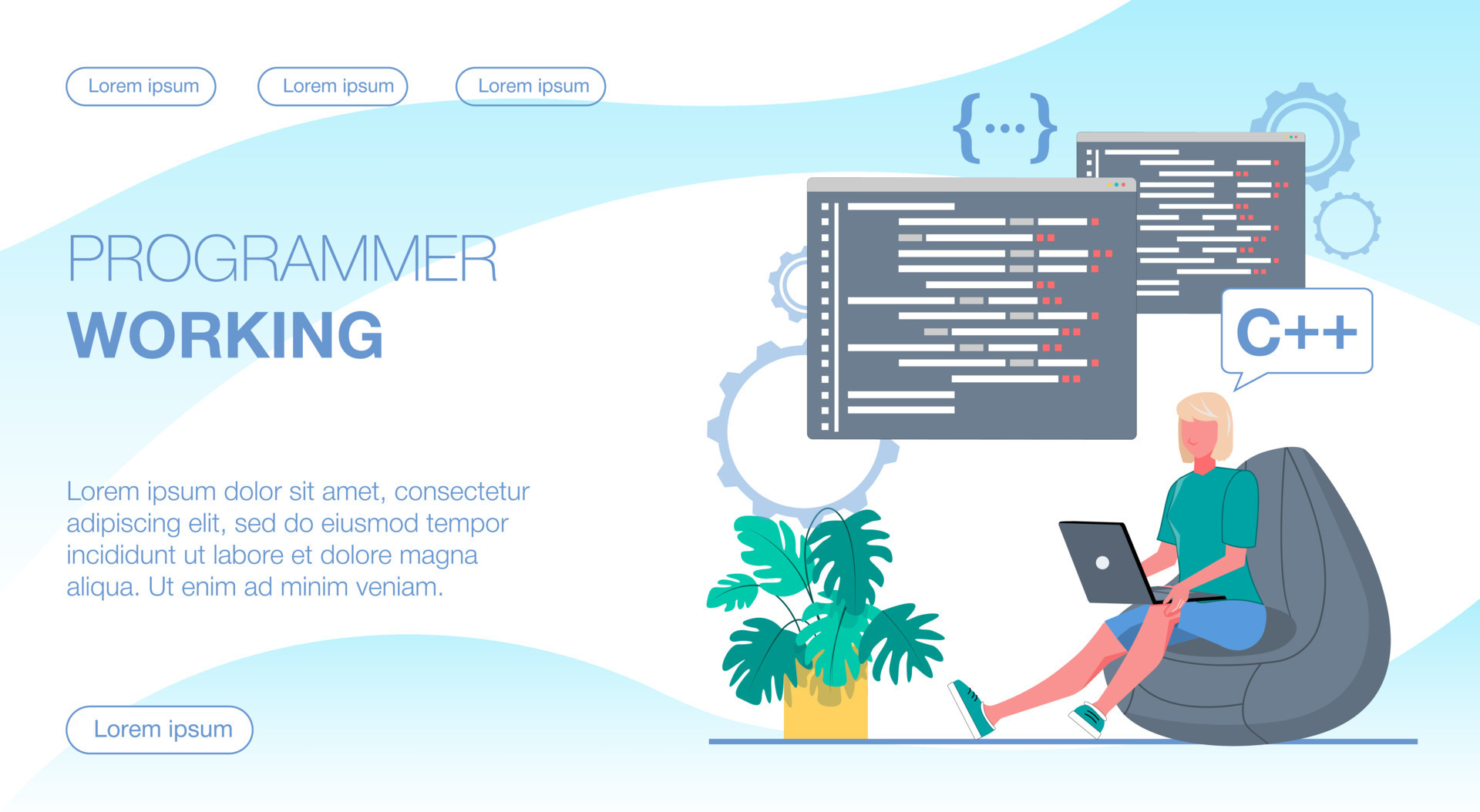 Programmer working. The programmer works on the computer. A woman sits ...
