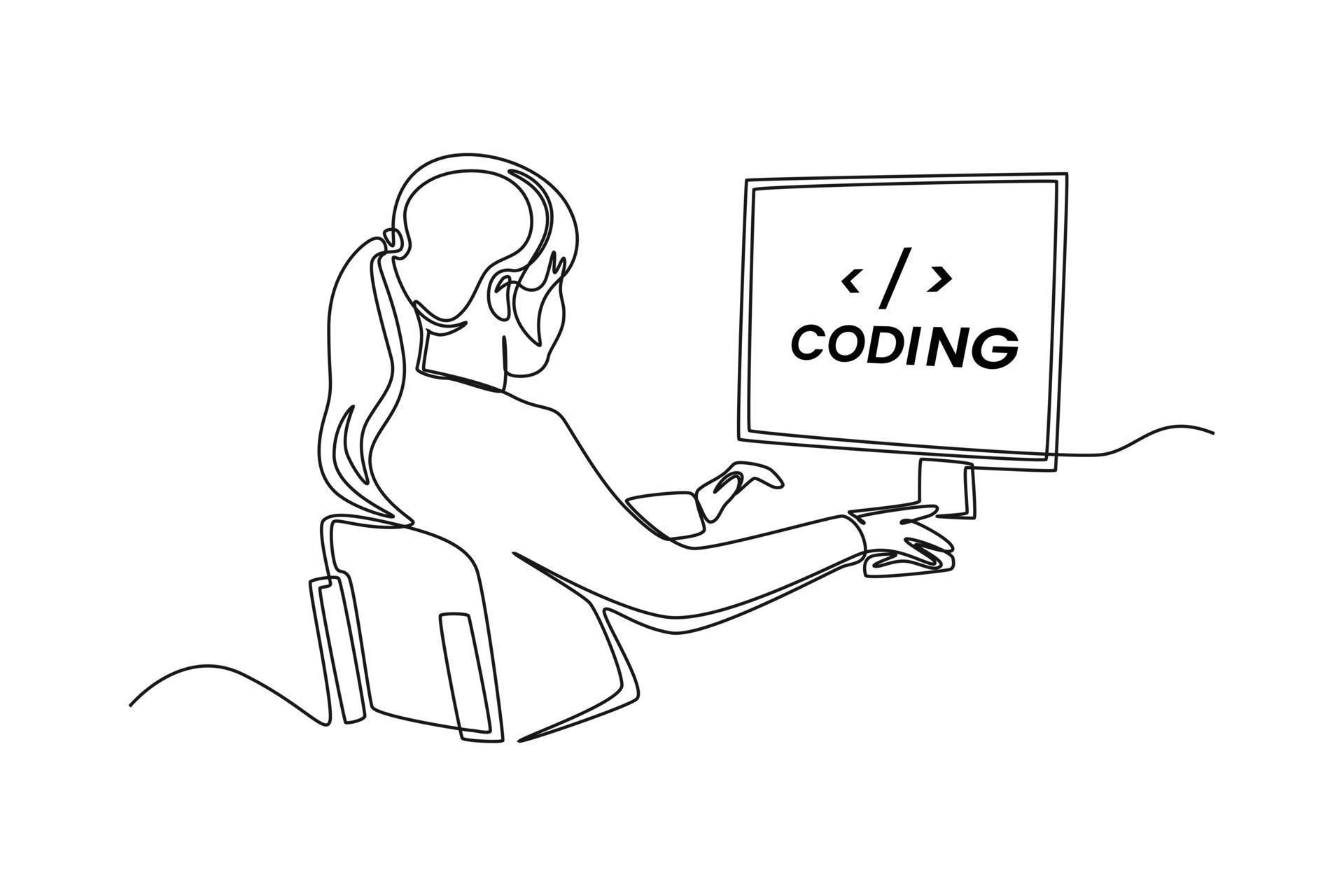 Single One Line Drawing Programmers Or Developers Make Programming Language Code In Front Of The