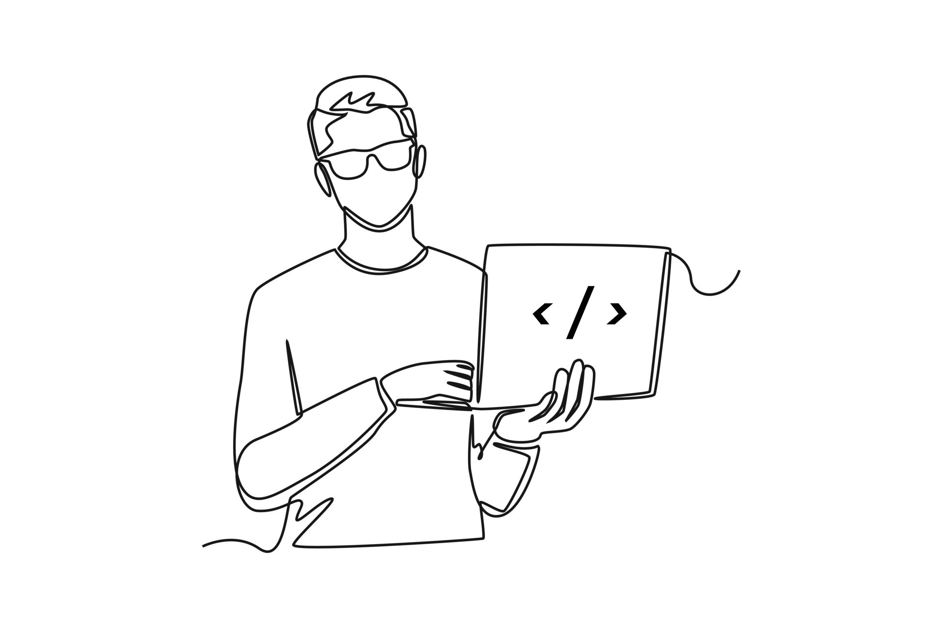 Single One Line Drawing Man Carrying Laptop For Coding Programming