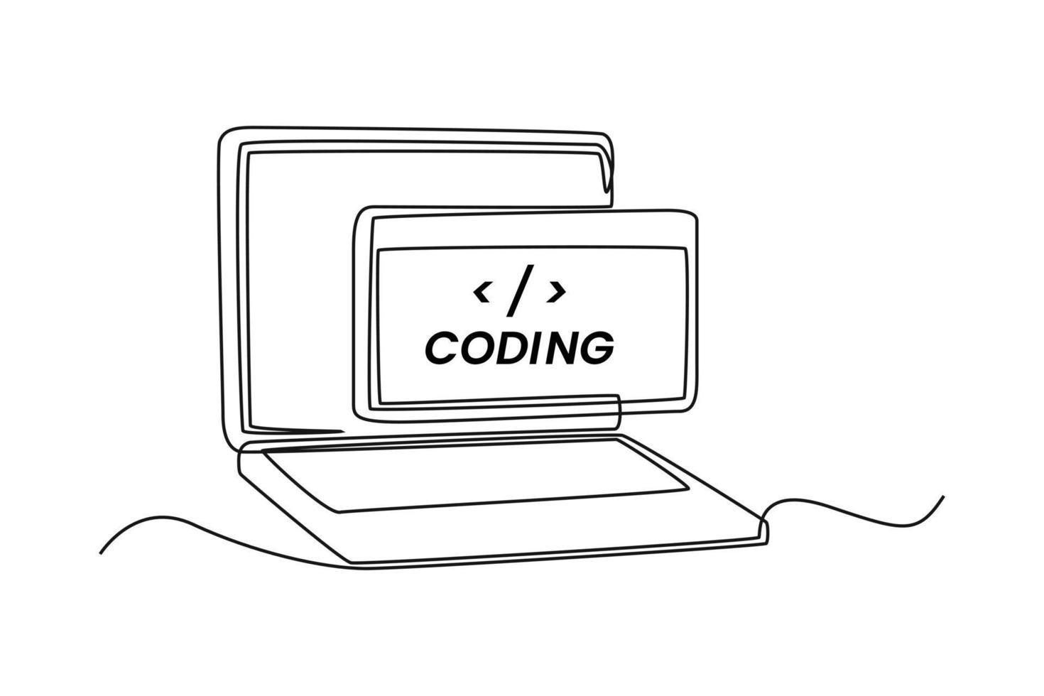 Single One Line Drawing Laptop For Coding Programming Code Concept Continuous Line Draw Design