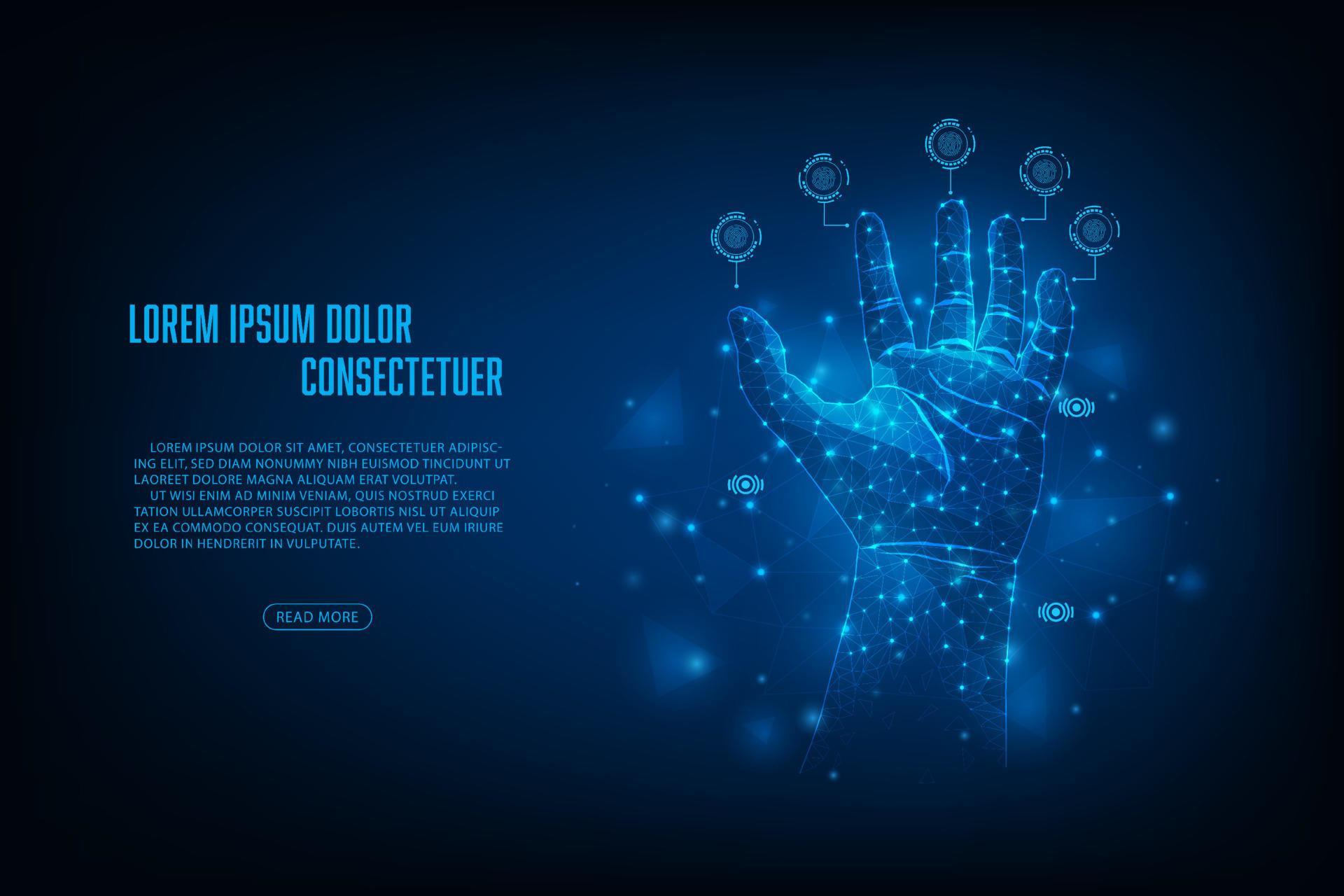 Vector pointing wireframe hand scan technology with concept cyber ...