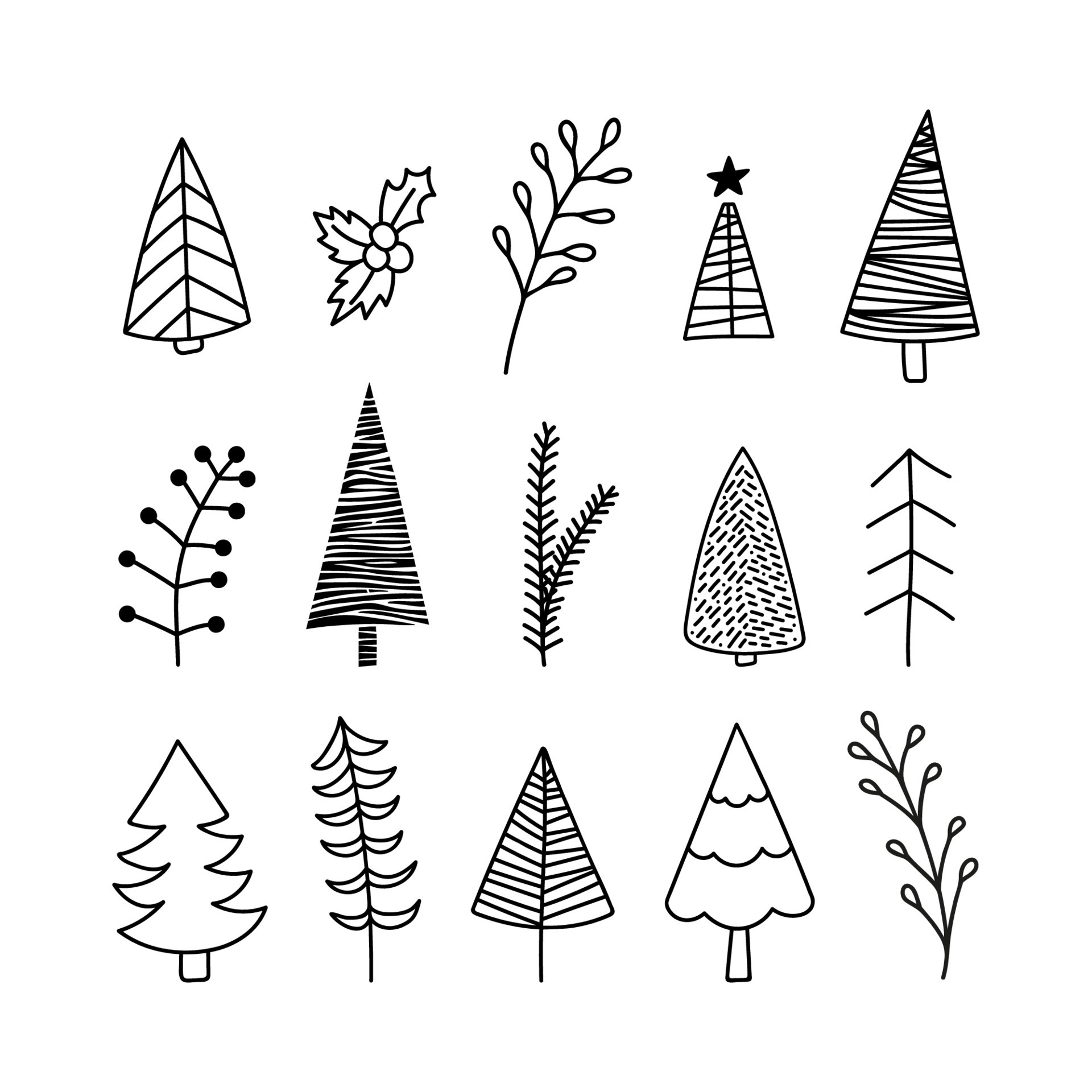 Christmas tree clipart set with holly berry. Hand drawn vector doodles ...