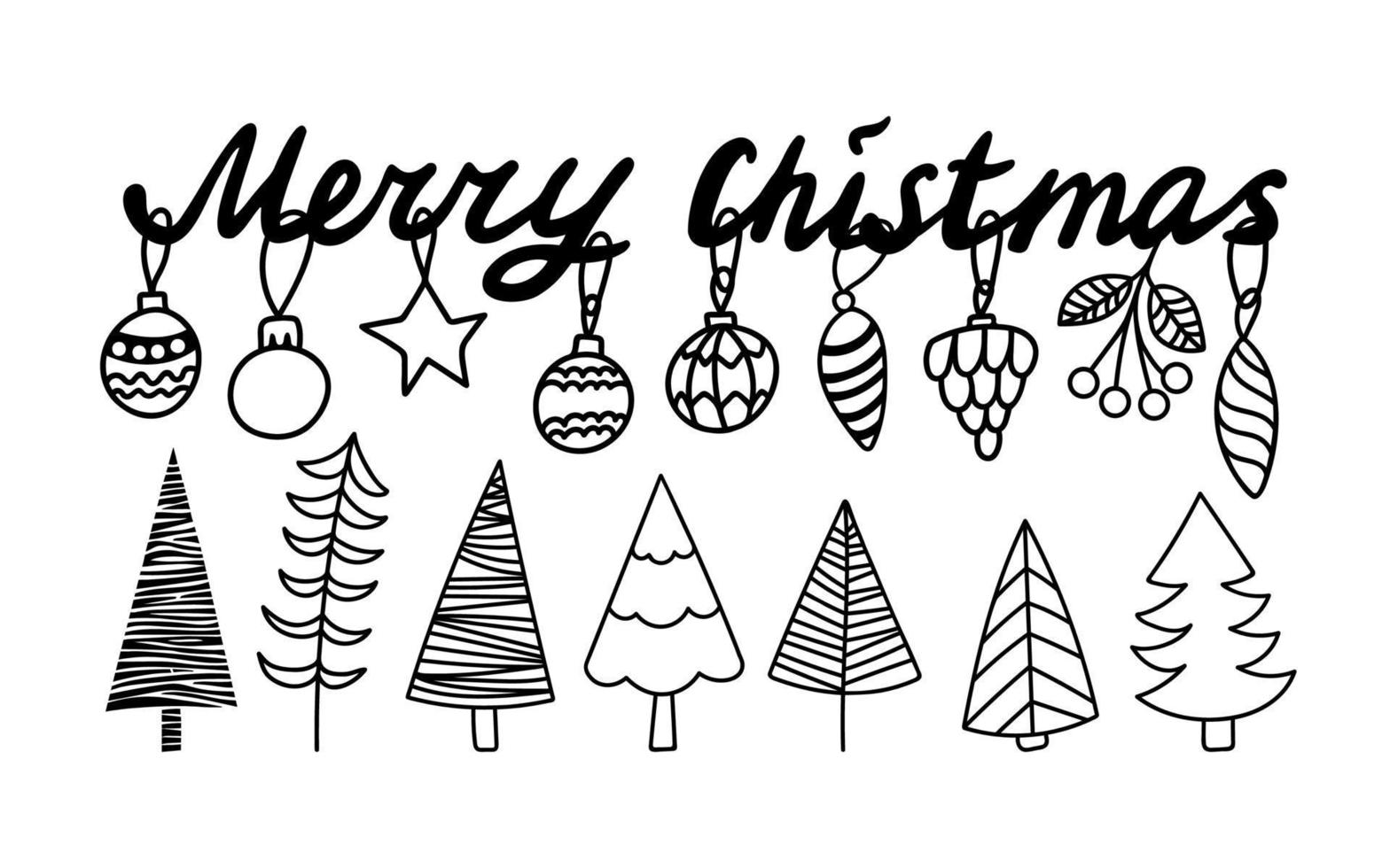 Christmas tree clipart set with toys. Hand drawn vector doodles ...