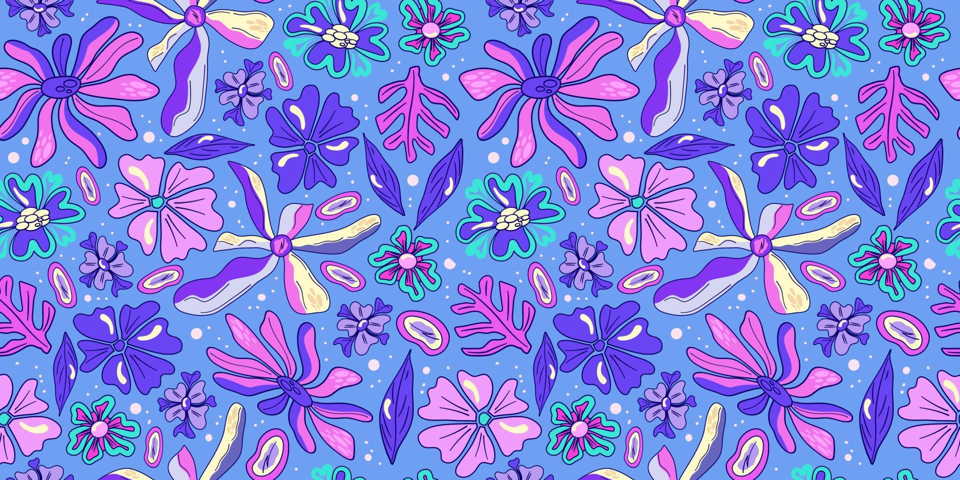 Seamless flower trippy psychedelic pattern. Purple psychedelic seamless pattern. Magic floral ...