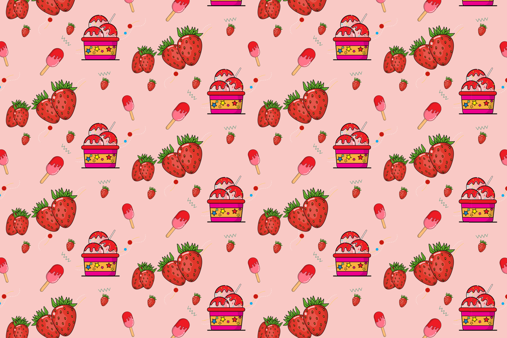 Pattern with strawberry flavored cup and stick ice cream elements and ...