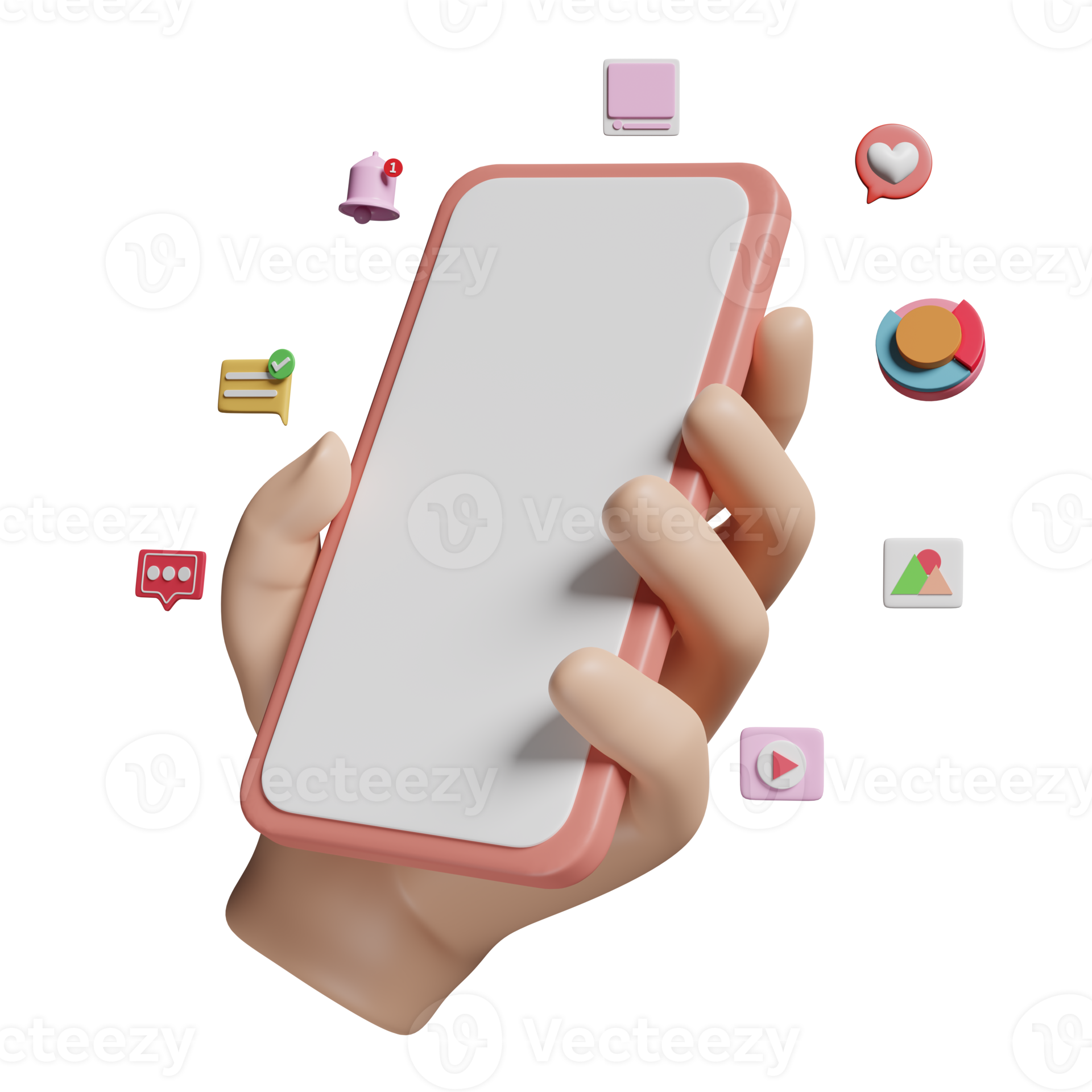 3d social media with hand holding mobile phone, smartphone icons isolated. online social ...