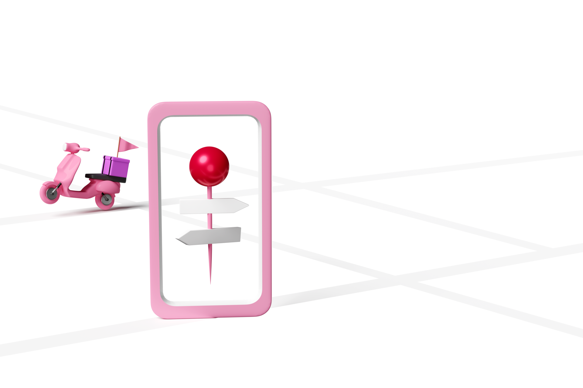 3d pin on the road with delivery scooter, smartphone, mobile phone ...