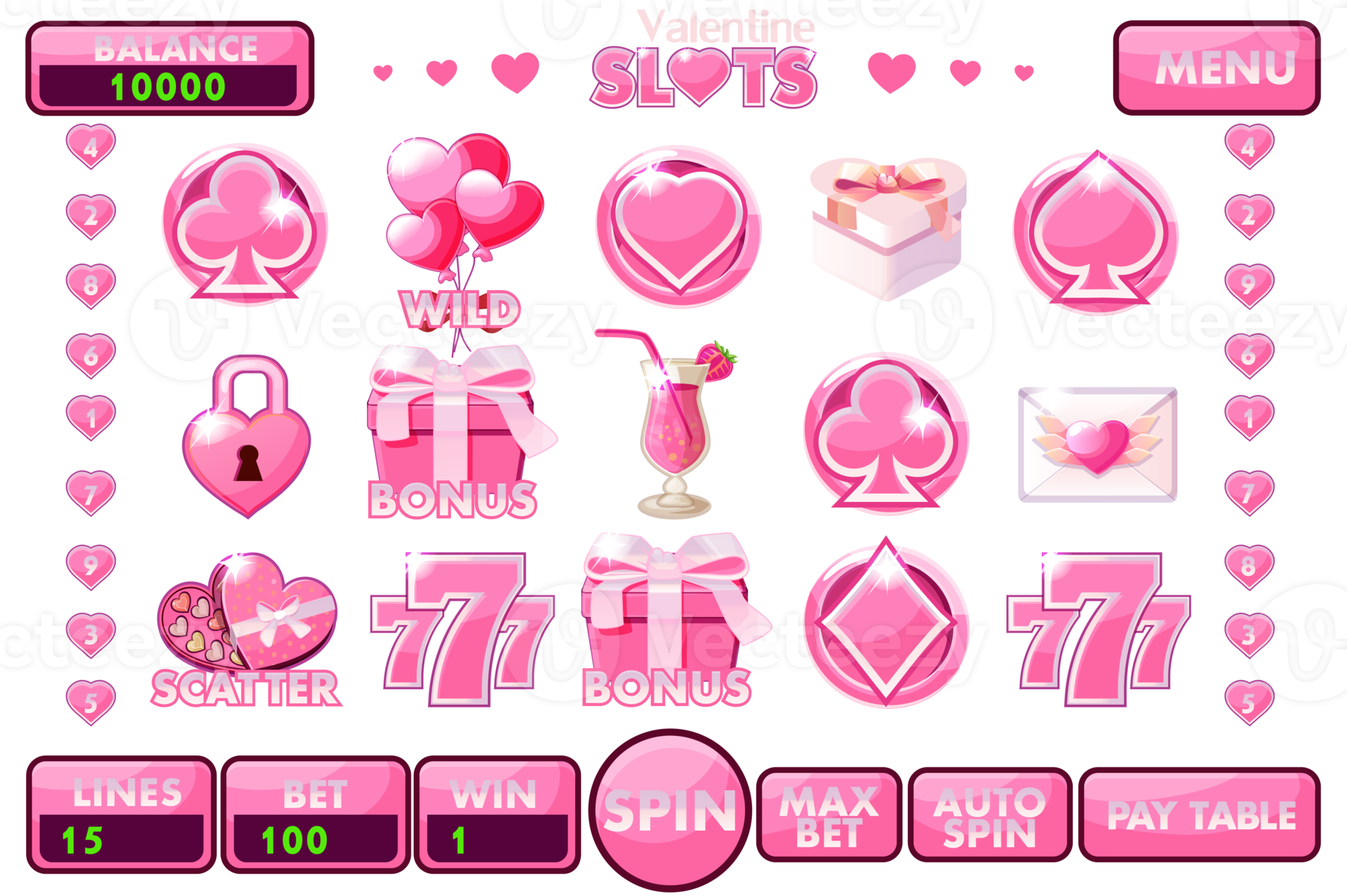 Interface slot machine style St. Valentine. Complete menu of graphical ...
