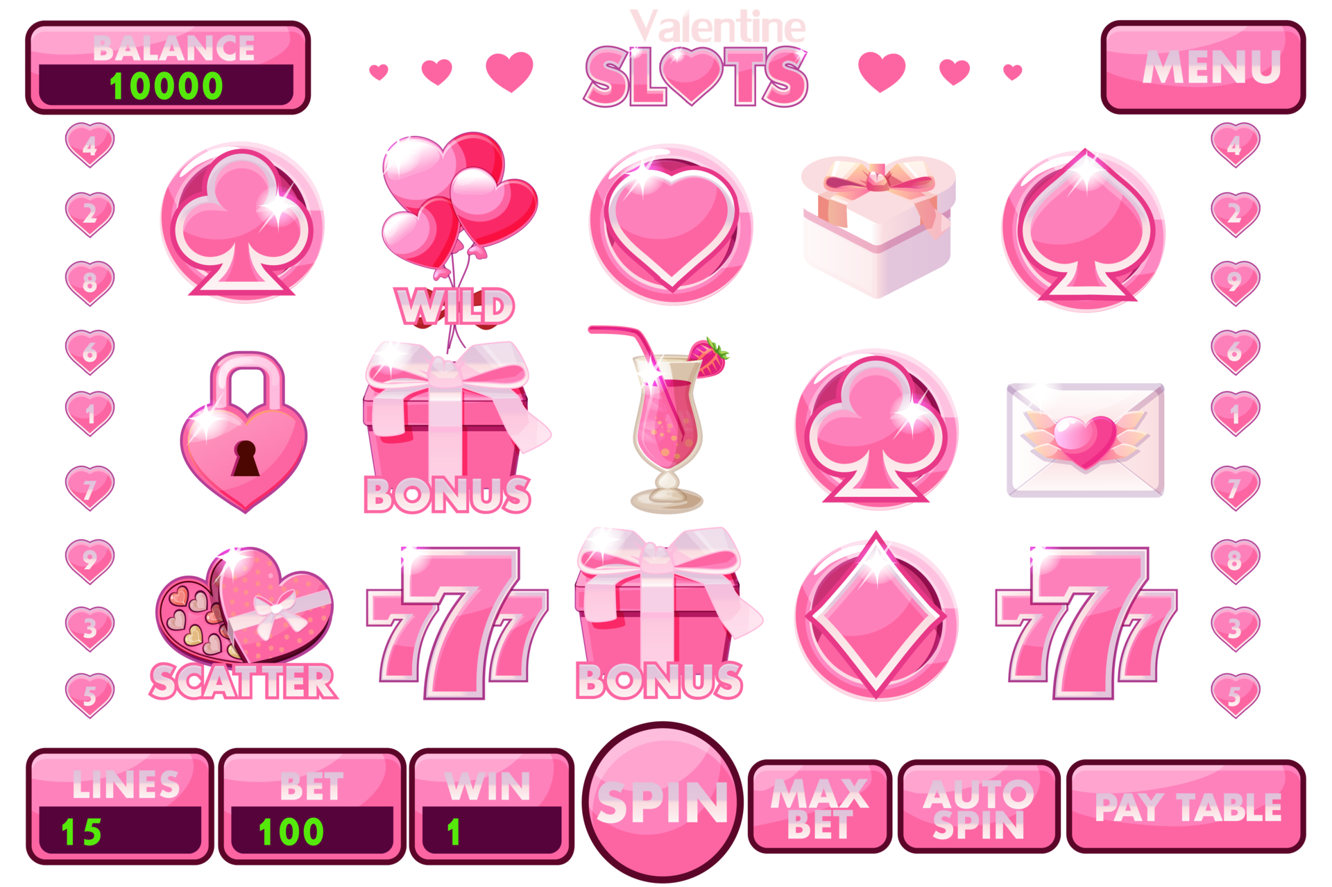 Interface slot machine style St. Valentine. Complete menu of graphical ... Interface slot machine style St. Valentine. Complete menu of graphical ...