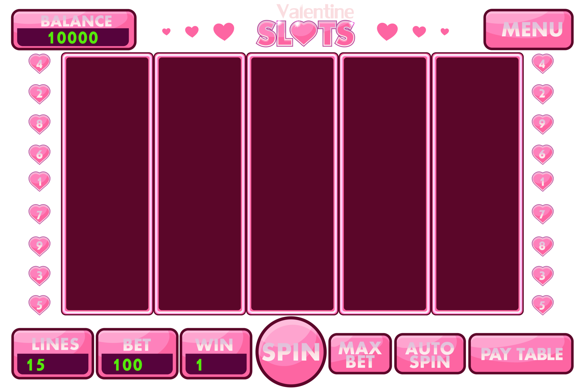 Interface slot machine style St. Valentine. Complete menu of graphical ...