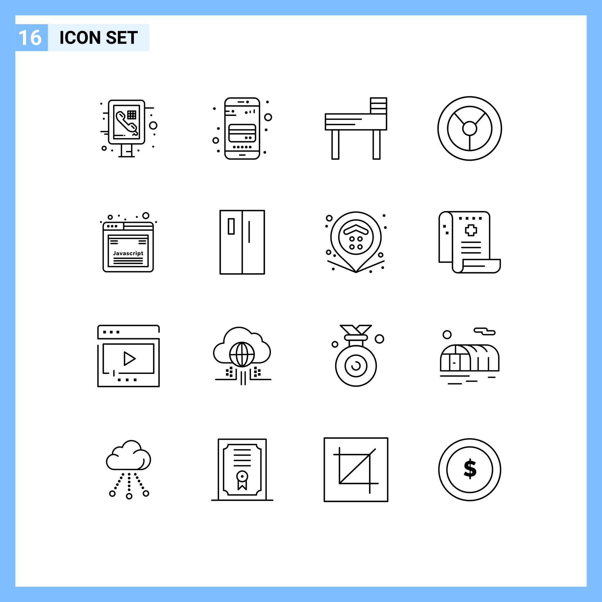 Set of 16 Modern UI Icons Symbols Signs for appliances javascript chair ...