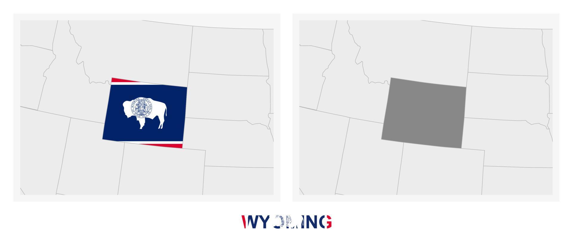 Two versions of the map of US State Wyoming, with the flag of Wyoming ...