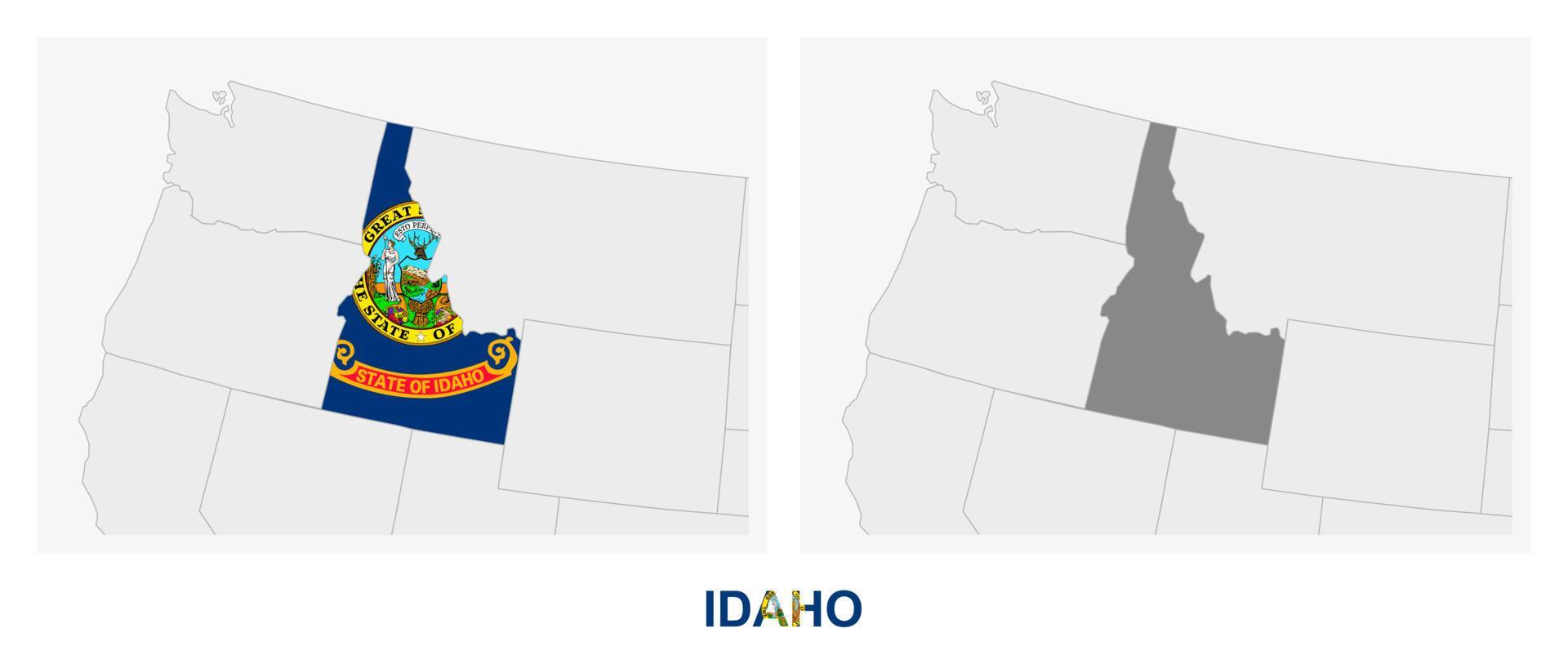 Two versions of the map of US State Idaho, with the flag of Idaho and ...