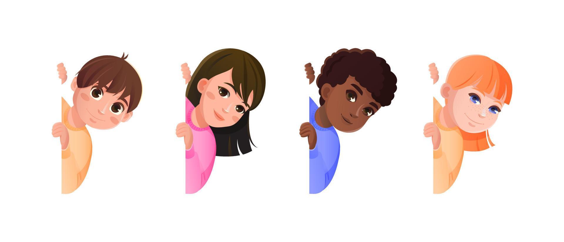 Little boys and girls peeping from behind wall. Vector flat illustration isolated on white ...