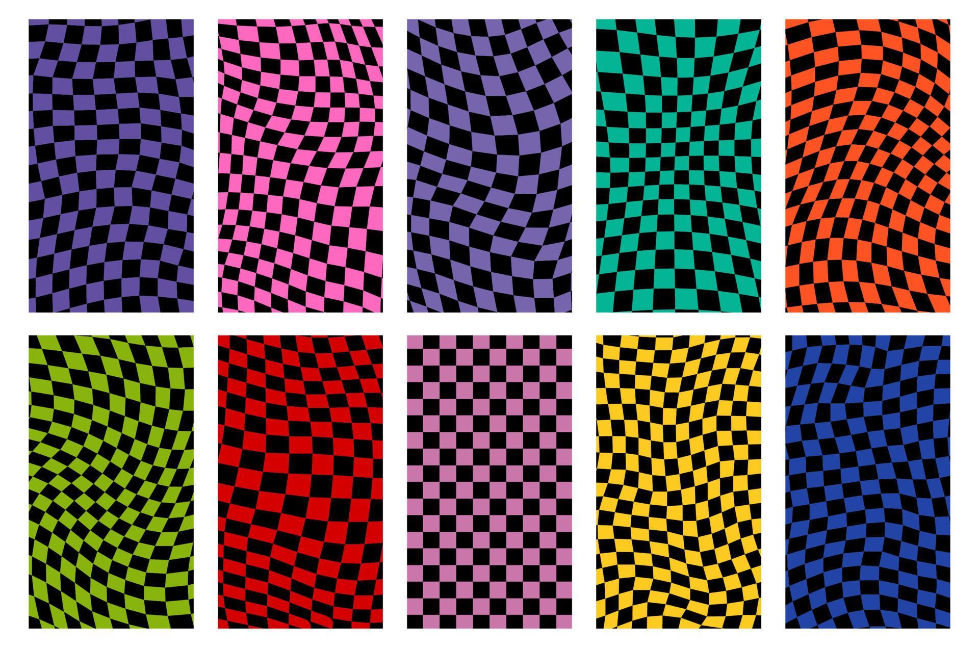 Groovy retro pattern background in psychedelic checkered backdrop style. A chessboard in a ...