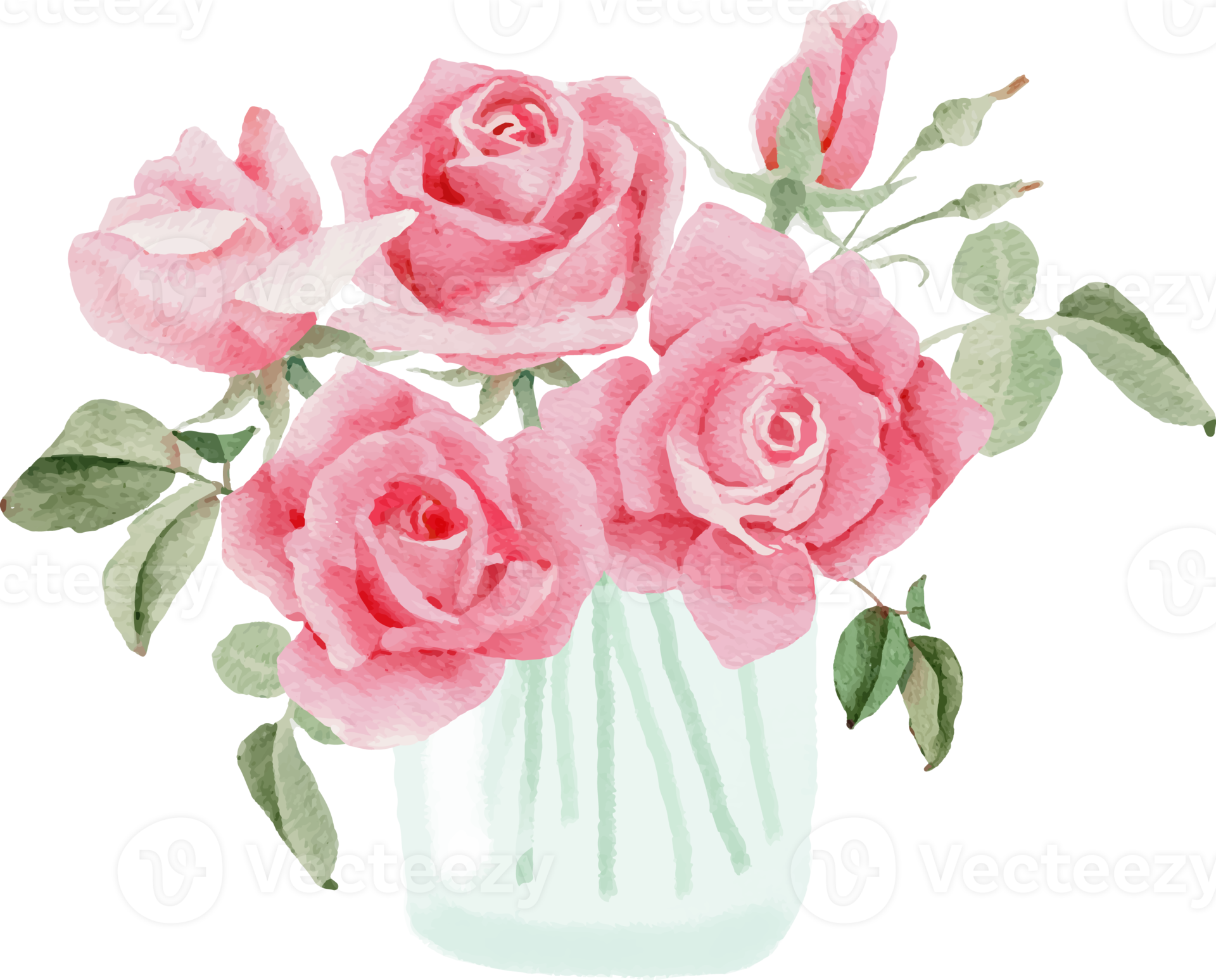 watercolor pink rose flower bouquet in glass vase for valentines day ...