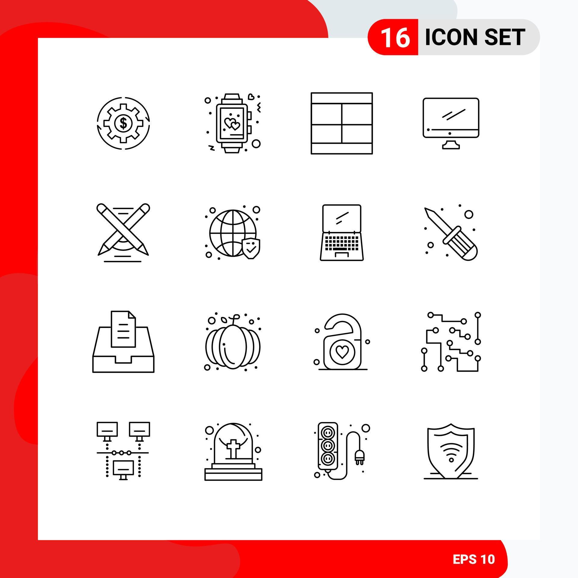 Set of 16 Vector Outlines on Grid for computer illustration love draw create Editable Vector ...