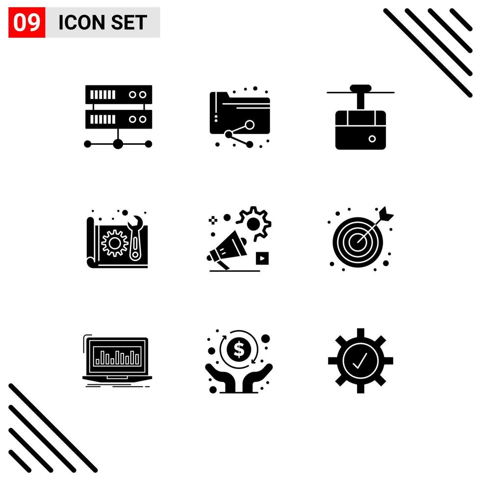 Pictogram Set of 9 Simple Solid Glyphs of setting plan funicular paper blue print Editable ...