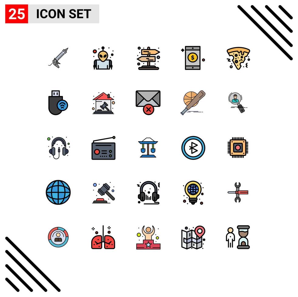 Mobile Interface Filled Line Flat Color Set Of 25 Pictograms Of Computers Food Road Fast Food