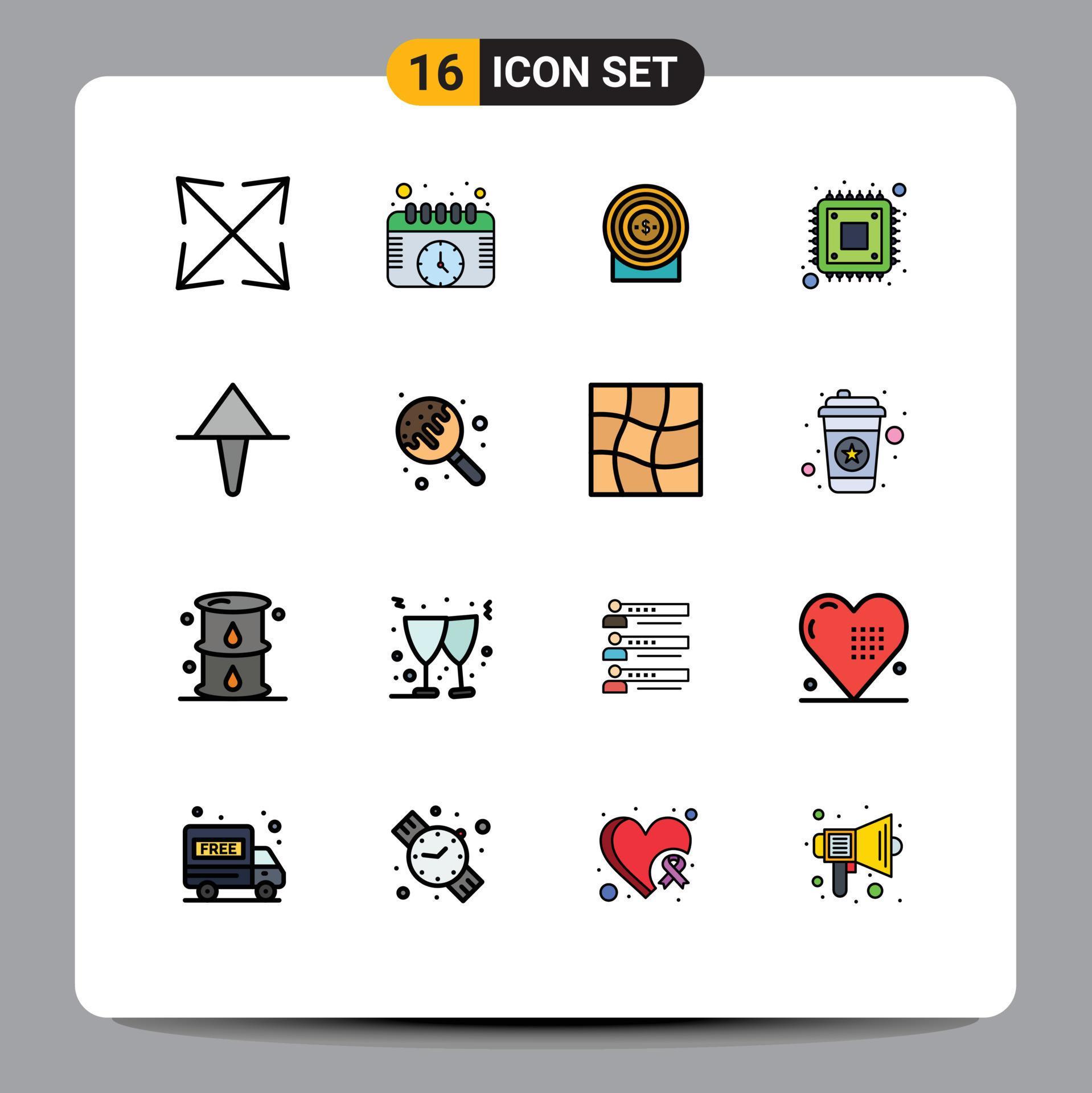 Set Of 16 Vector Flat Color Filled Lines On Grid For Up Arrow Money Storage Cpu Editable