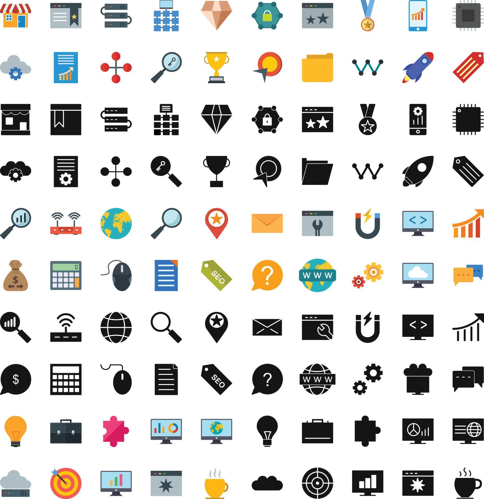 Vector set of flat web icons with long shadow on following themes - SEO ...