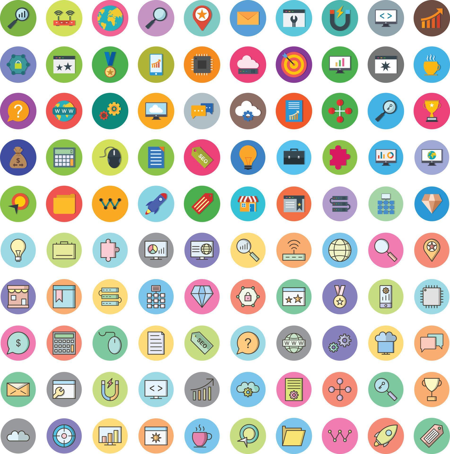 Vector set of flat web icons with long shadow on following themes - SEO ...