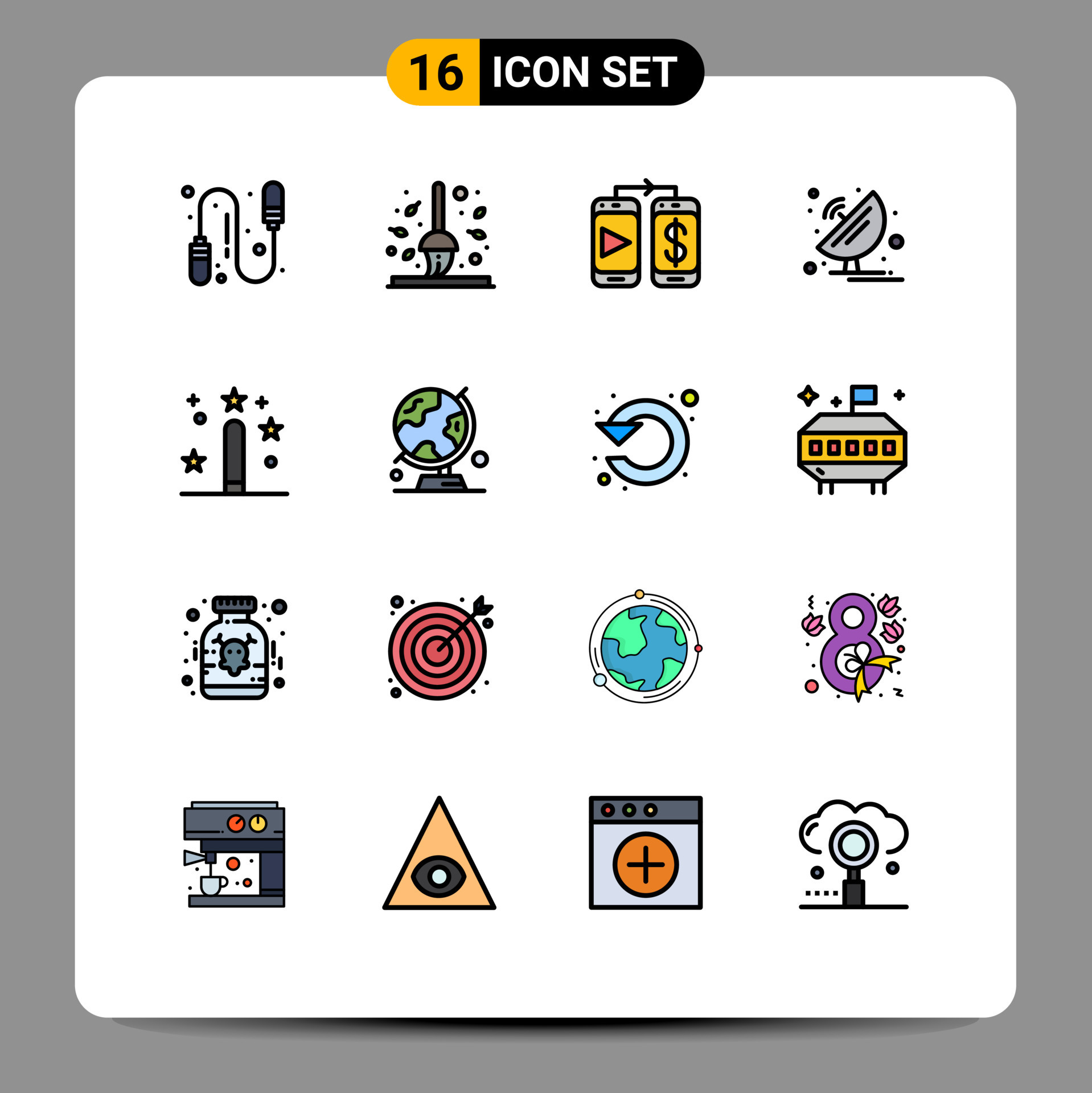 Pictogram Set Of 16 Simple Flat Color Filled Lines Of Design Science