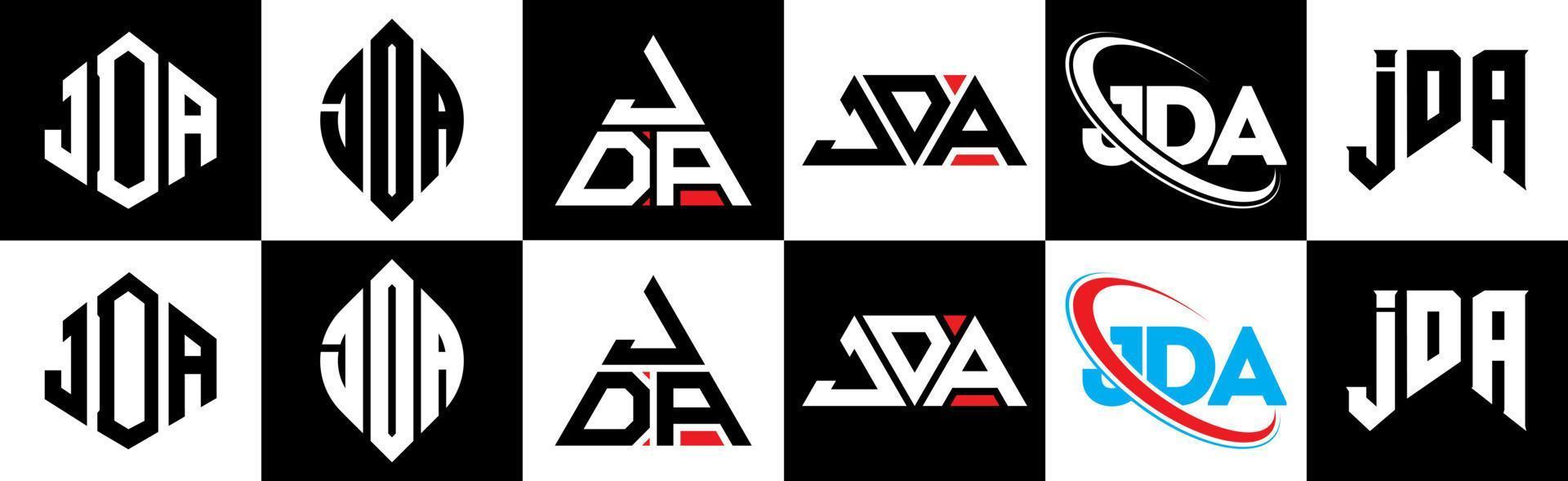 diseño de logotipo de letra jda en seis estilos. jda polígono, círculo, triángulo, hexágono ...