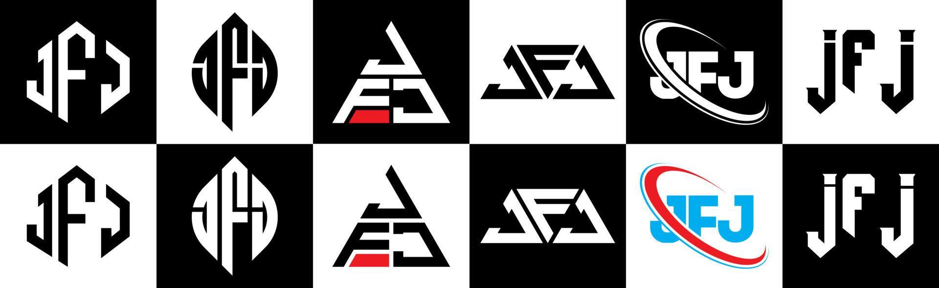 Diseño de logotipo de letra jfj en seis estilos. jfj polígono, círculo, triángulo, hexágono ...