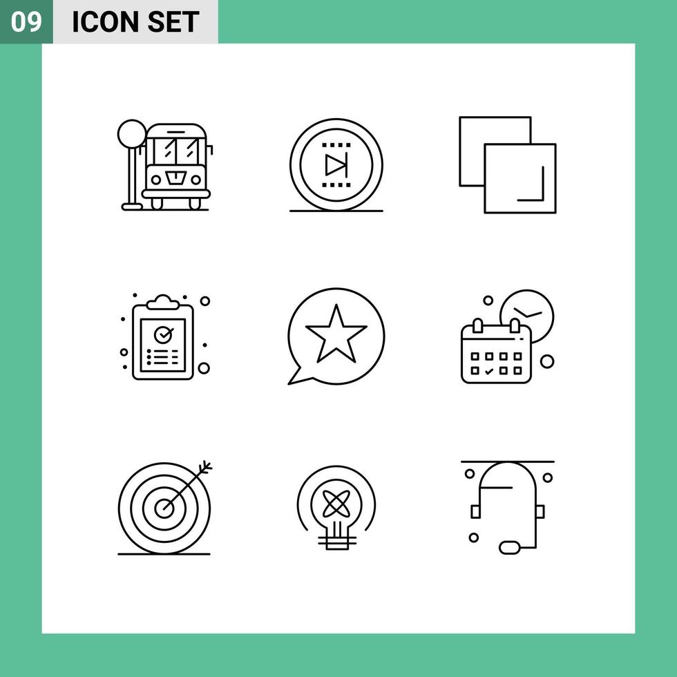 Modern Set Of 9 Outlines Pictograph Of Message Bubble Duplicate Task Ok Editable Vector Design