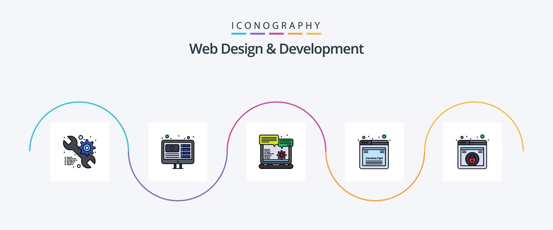 Web Design And Development Line Filled Flat 5 Icon Pack Including Design Javascript Browser