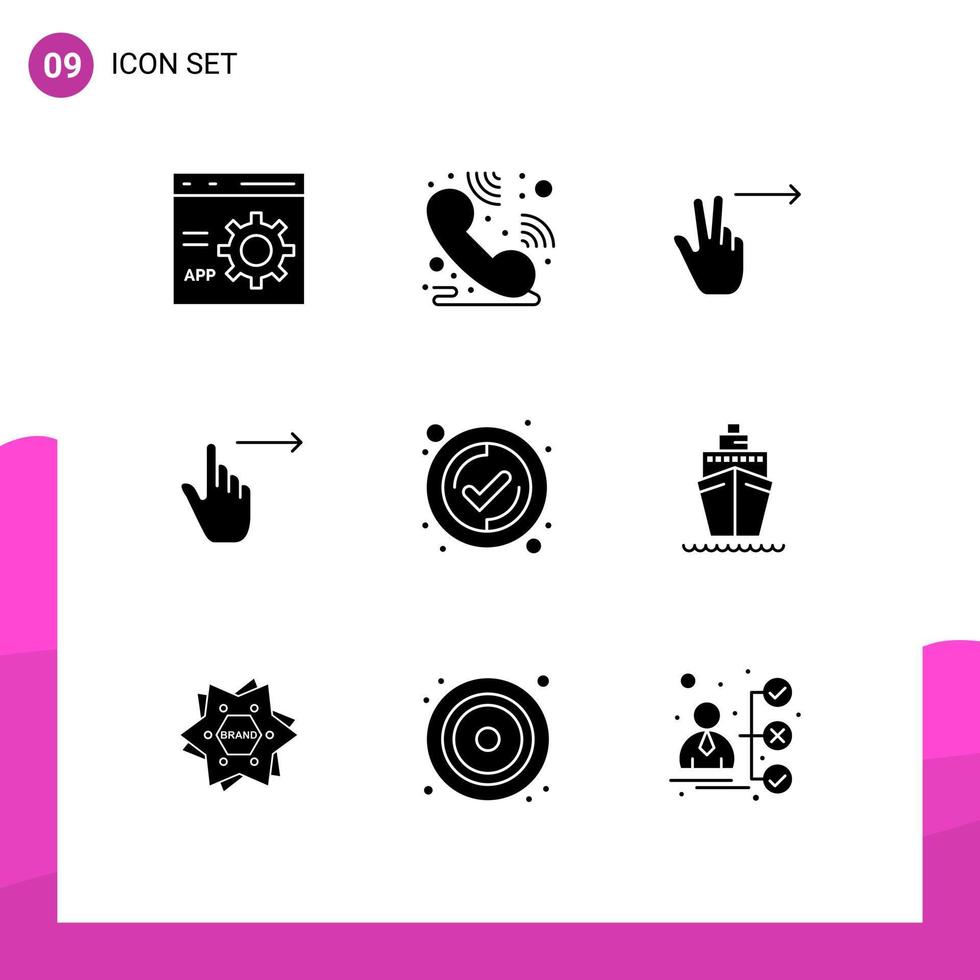 Mobile Interface Solid Glyph Set of 9 Pictograms of tick swipe fingers slide gestures Editable ...