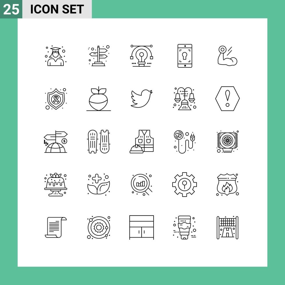 Mobile Interface Line Set of 25 Pictograms of biceps mobile application bulb mobile drawing ...