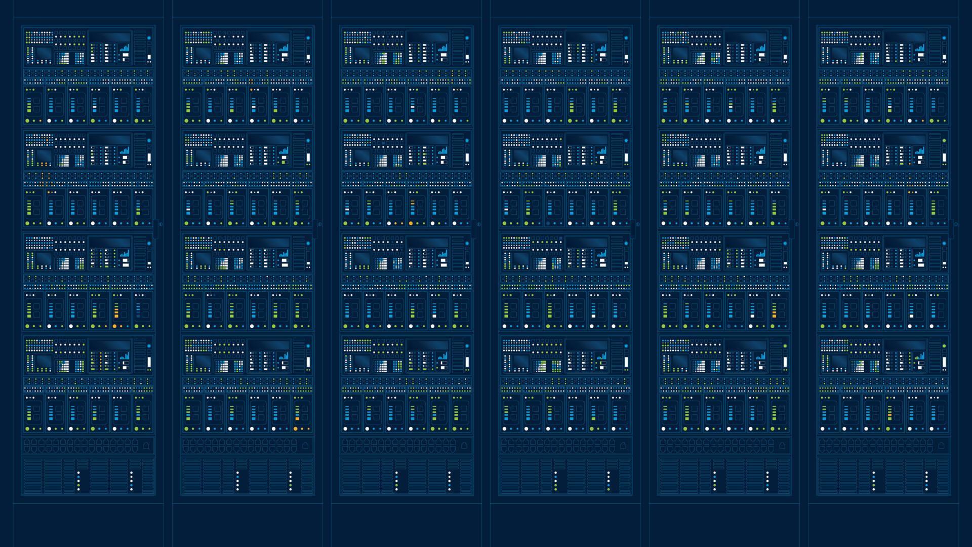 Front view of a working web server, light blue line drawing on dark ...
