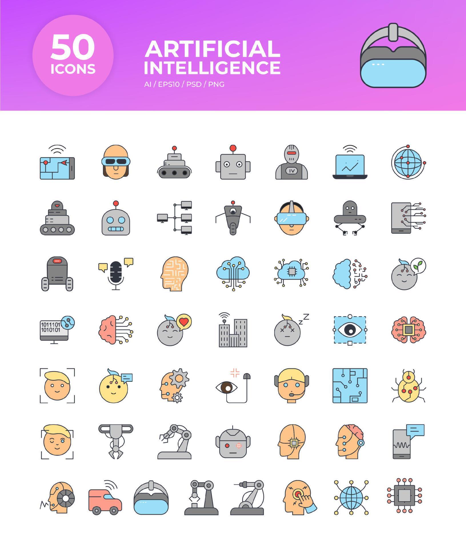 artificial intelligence icon set in line style, machine learning, smart robotic and cloud ...