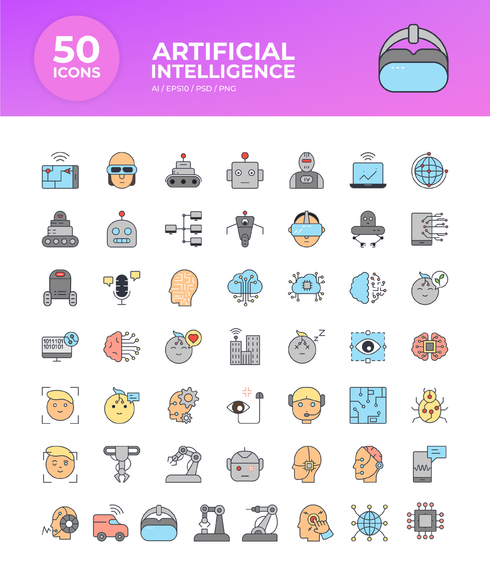 Artificial Intelligence Icon Set In Line Style Machine Learning Smart Robotic And Cloud