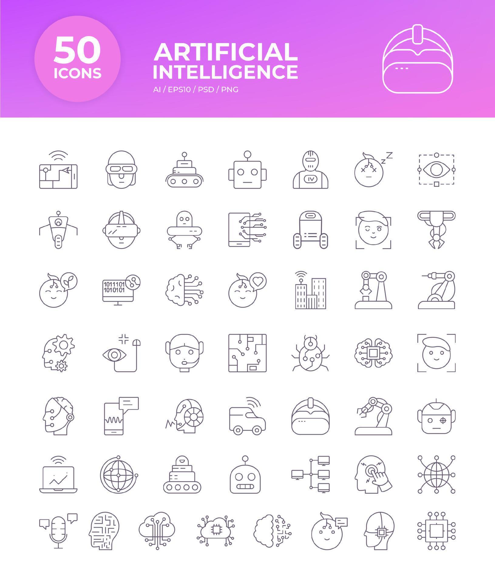 artificial intelligence icon set in line style, machine learning, smart ...