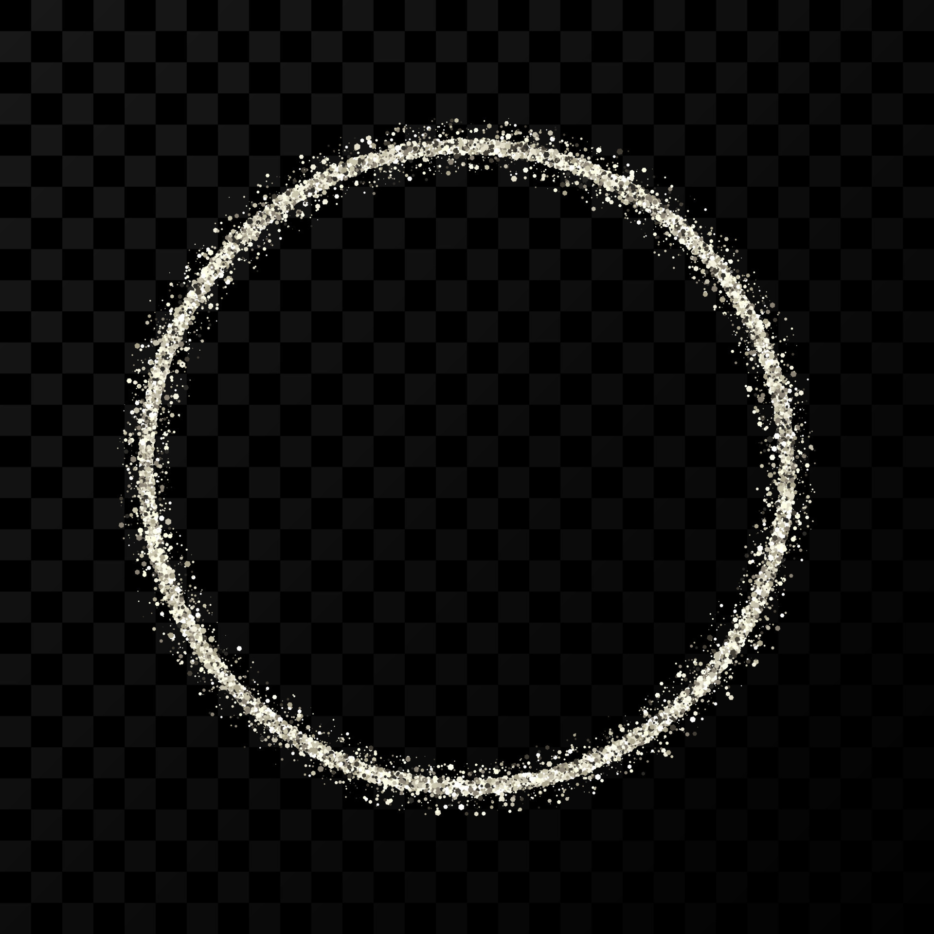 Silver glitter frame. Circle frame with shiny sparkles on dark transparent background. Vector ...