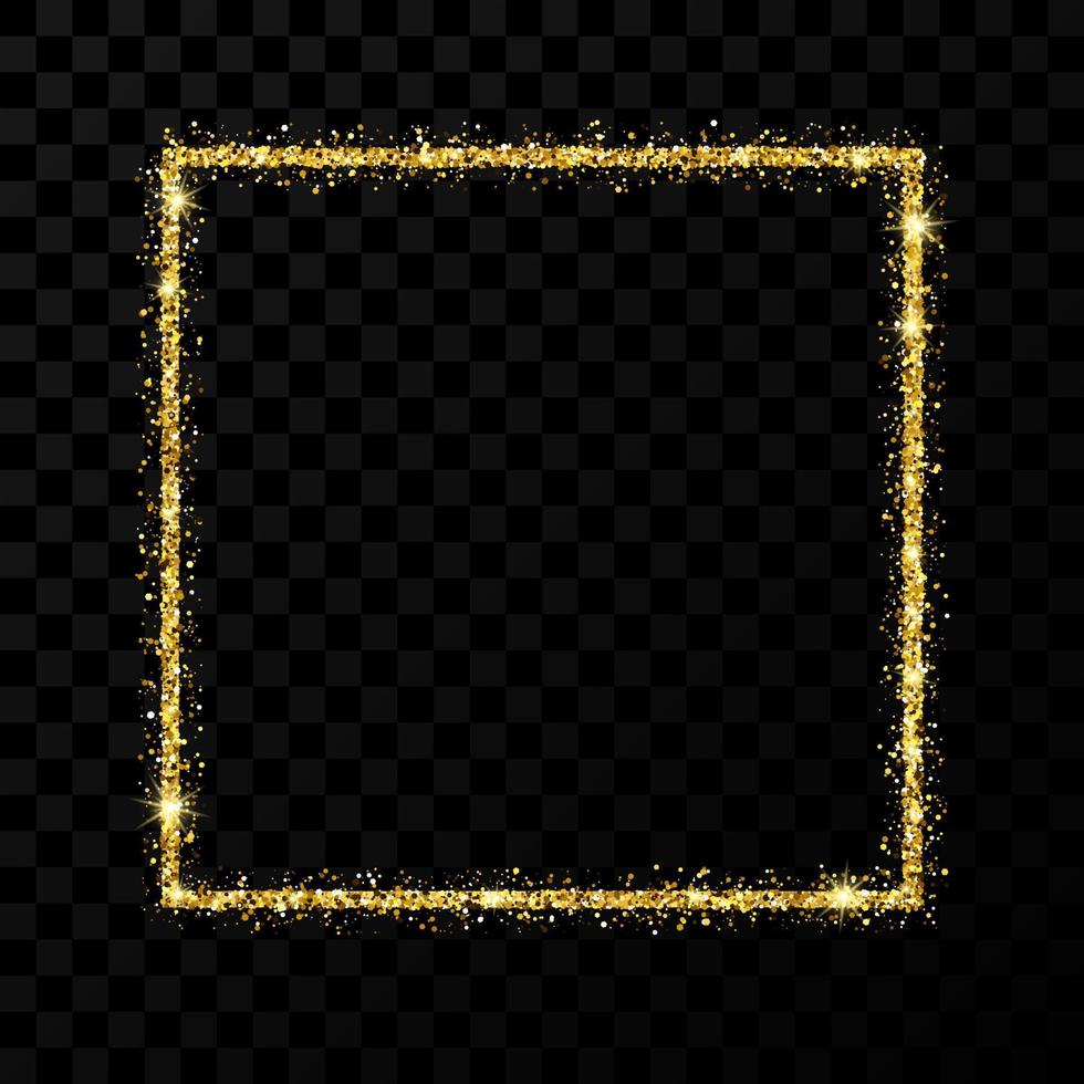 Gold glitter frame. Square frame with shiny stars and sparkles on dark transparent background ...